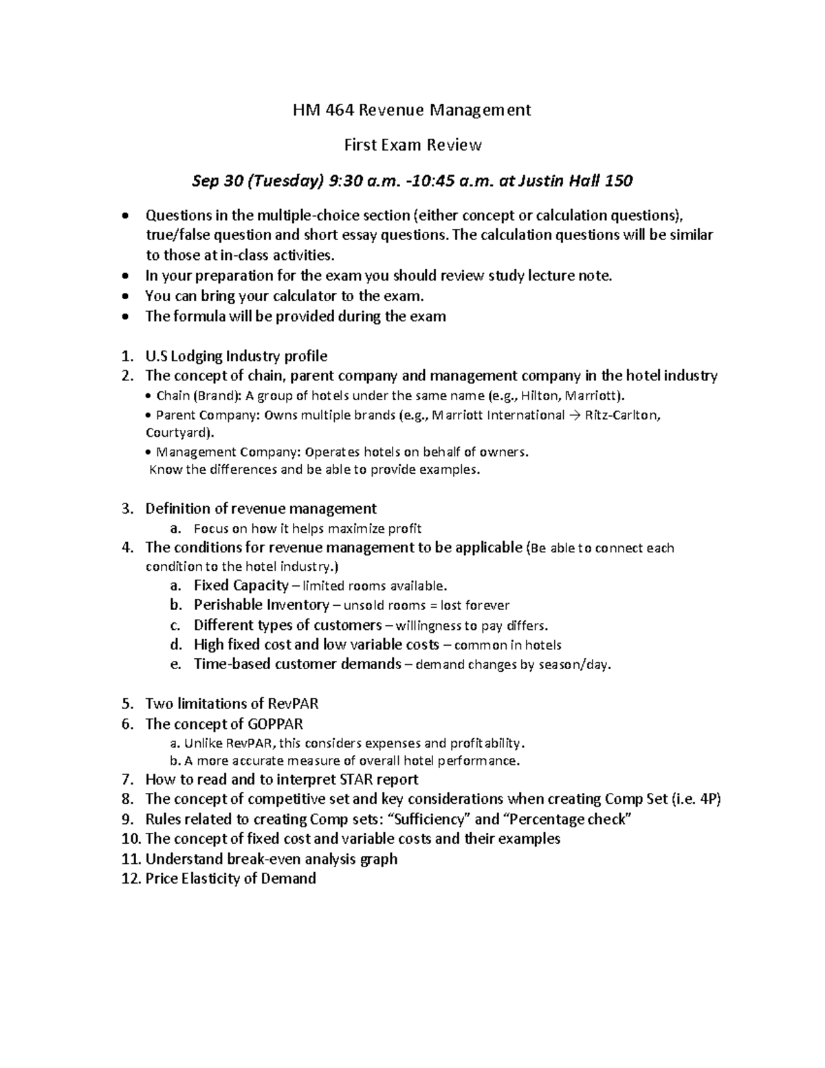 HM 464 Revenue Management First Exam Review Notes - Key Concepts & Tips ...