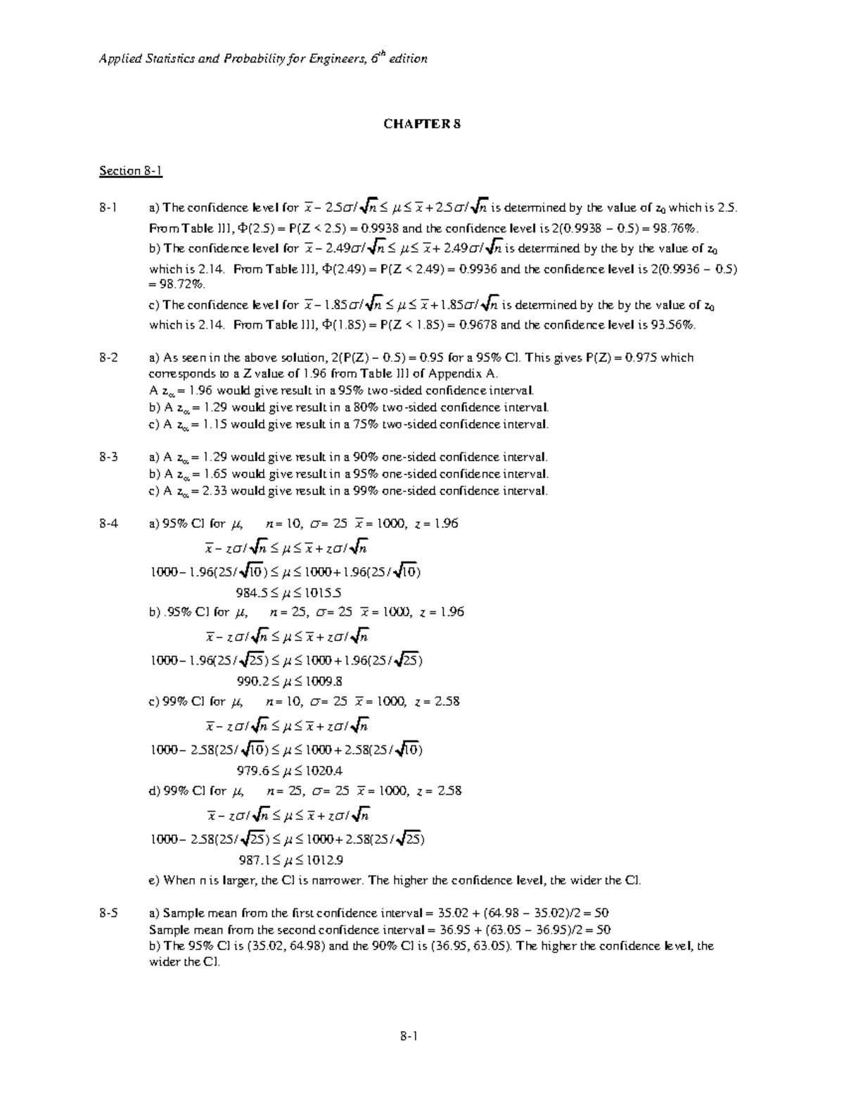 8-1 and 8-2 Exercises Solutions - Applied Statistics and Probability ...