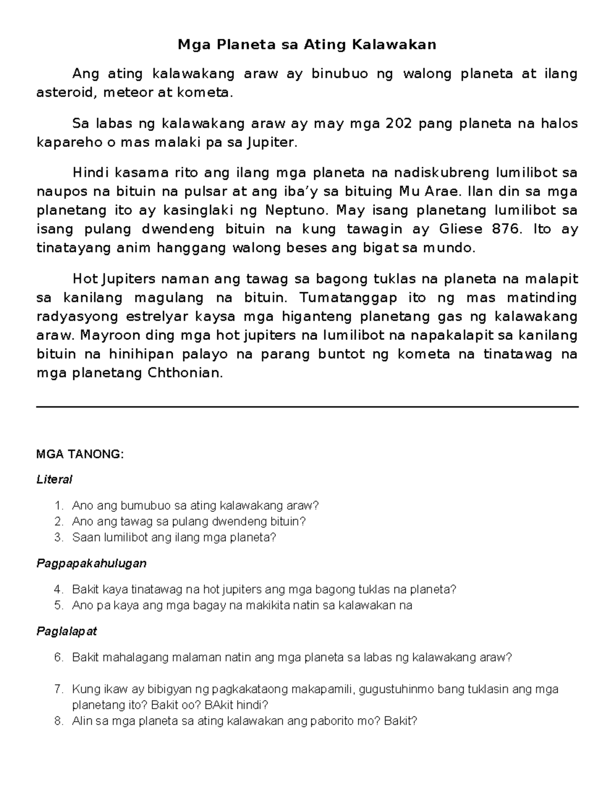 Mga Planeta sa Ating Kalawakan: Isang Pagsusuri para sa Baitang 7 - Studocu