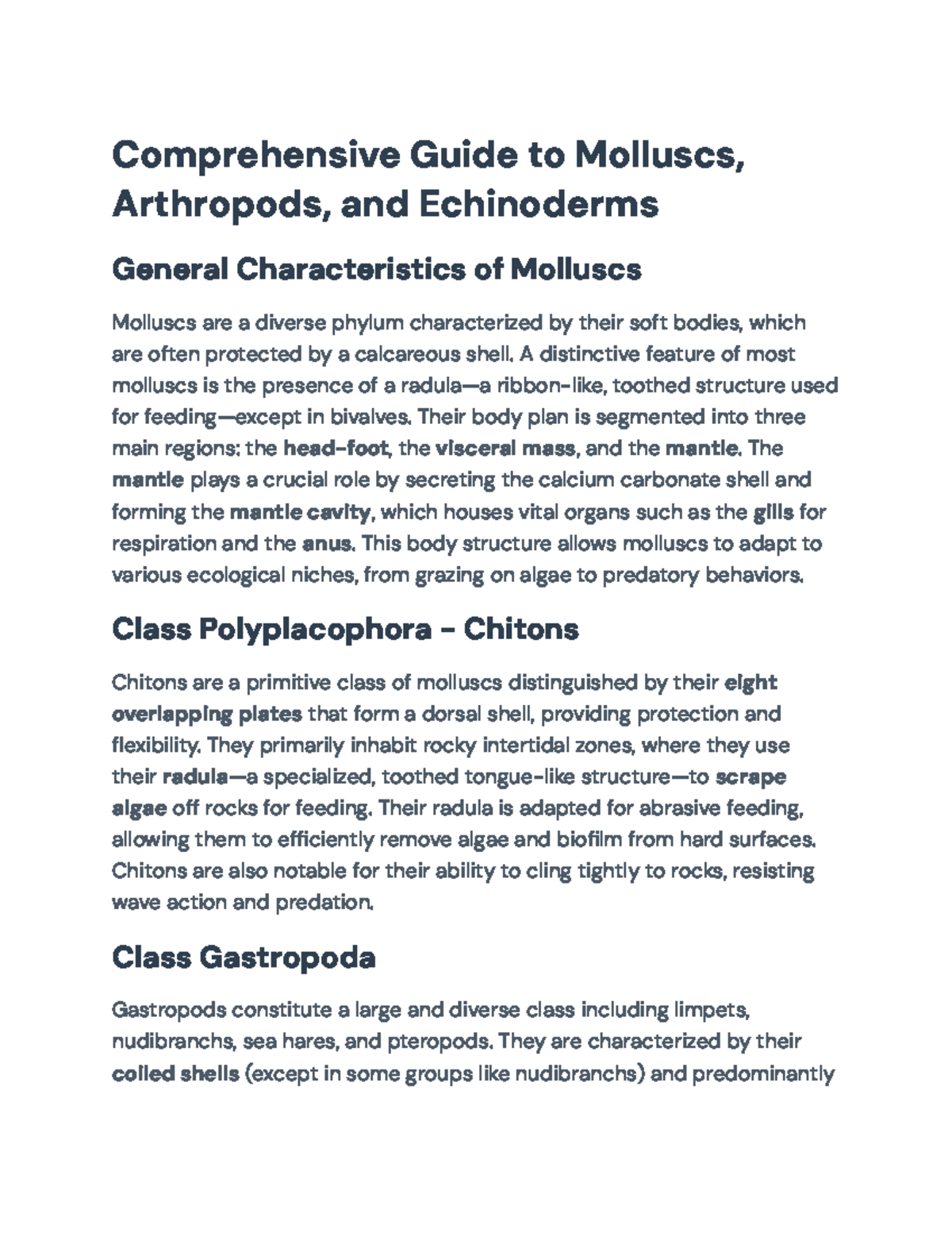 Comprehensive Overview of Molluscs, Arthropods, and Echinoderms - Studocu