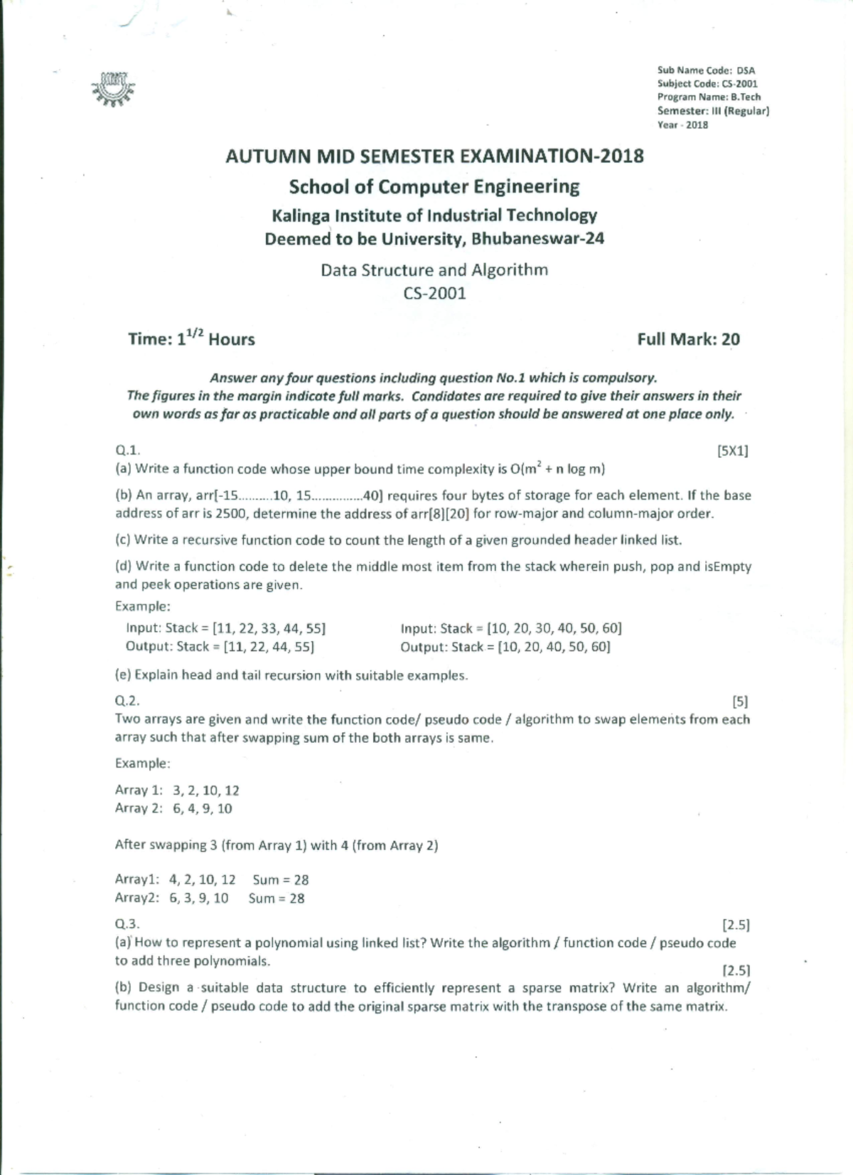 3rd Semester , B Tech , Data Structures and Algorithms, CS-2001 –Autumn Mid Sem 2018 - Studocu