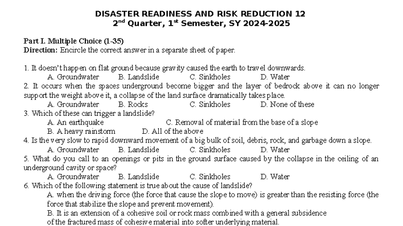 Disaster Readiness and Risk Reduction 12: 2nd Quarter MCQ Review - Studocu