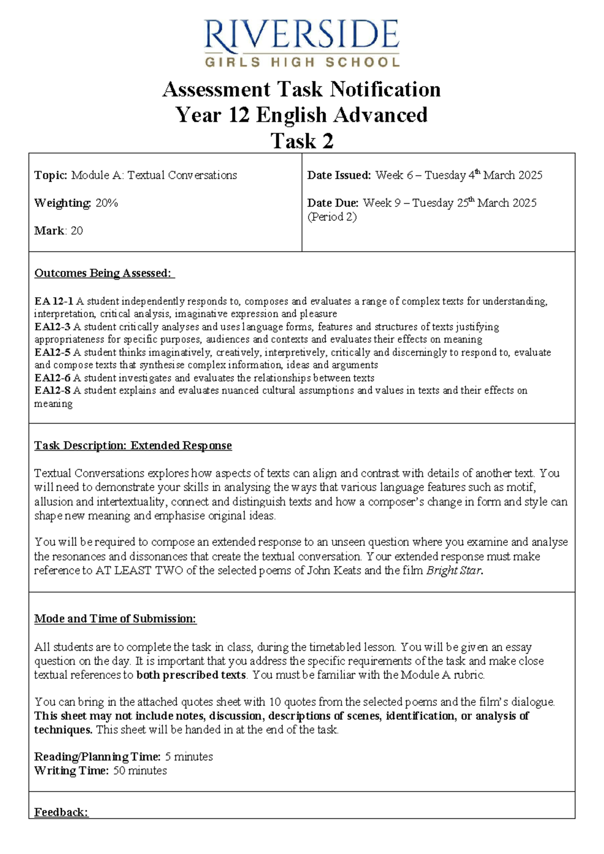 Year 12 English Adv Task 2: Module A - Textual Conversations Guide ...