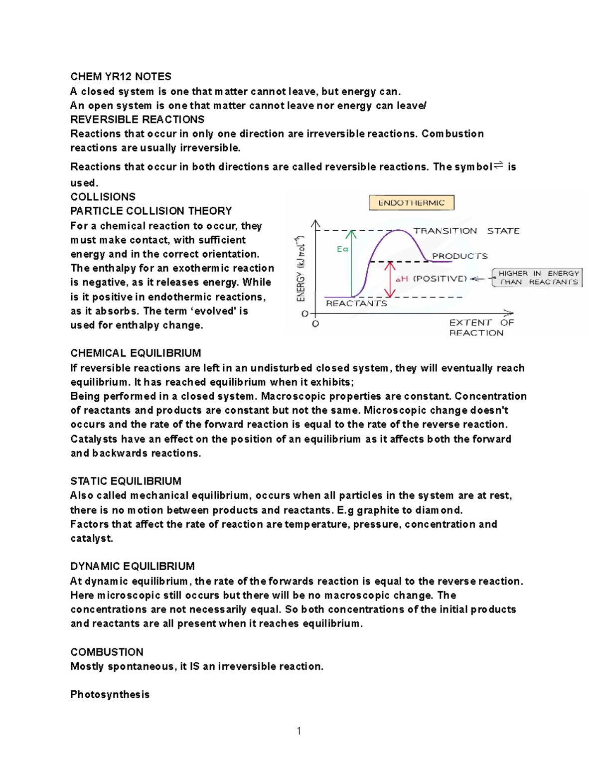 Chem YR12 HSC Notes: Understanding Chemical Equilibrium & Reactions ...