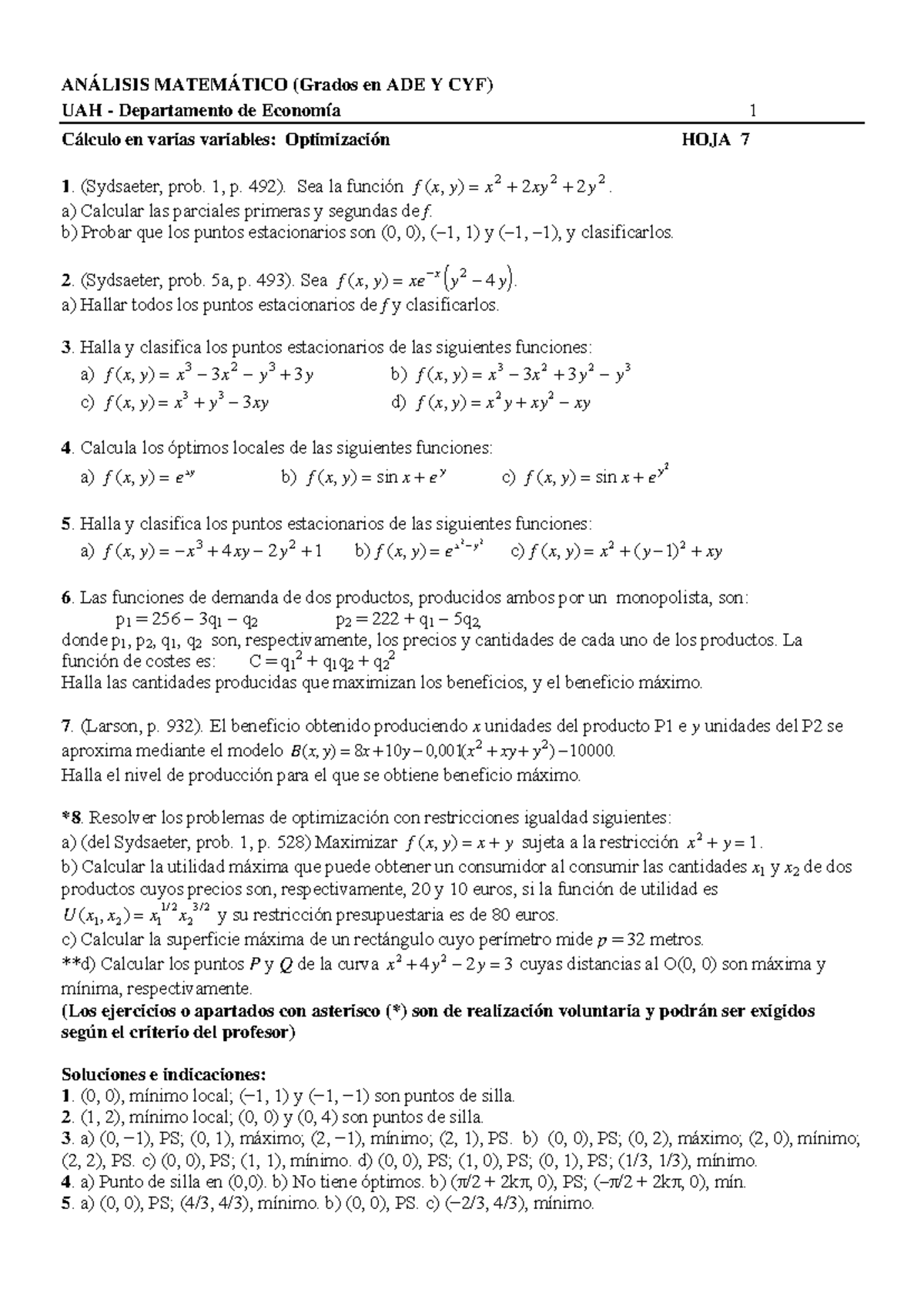 MAT IIG HOJA 7 Optimización - ANÁLISIS MATEMÁTICO (Grados en ADE Y CYF ...