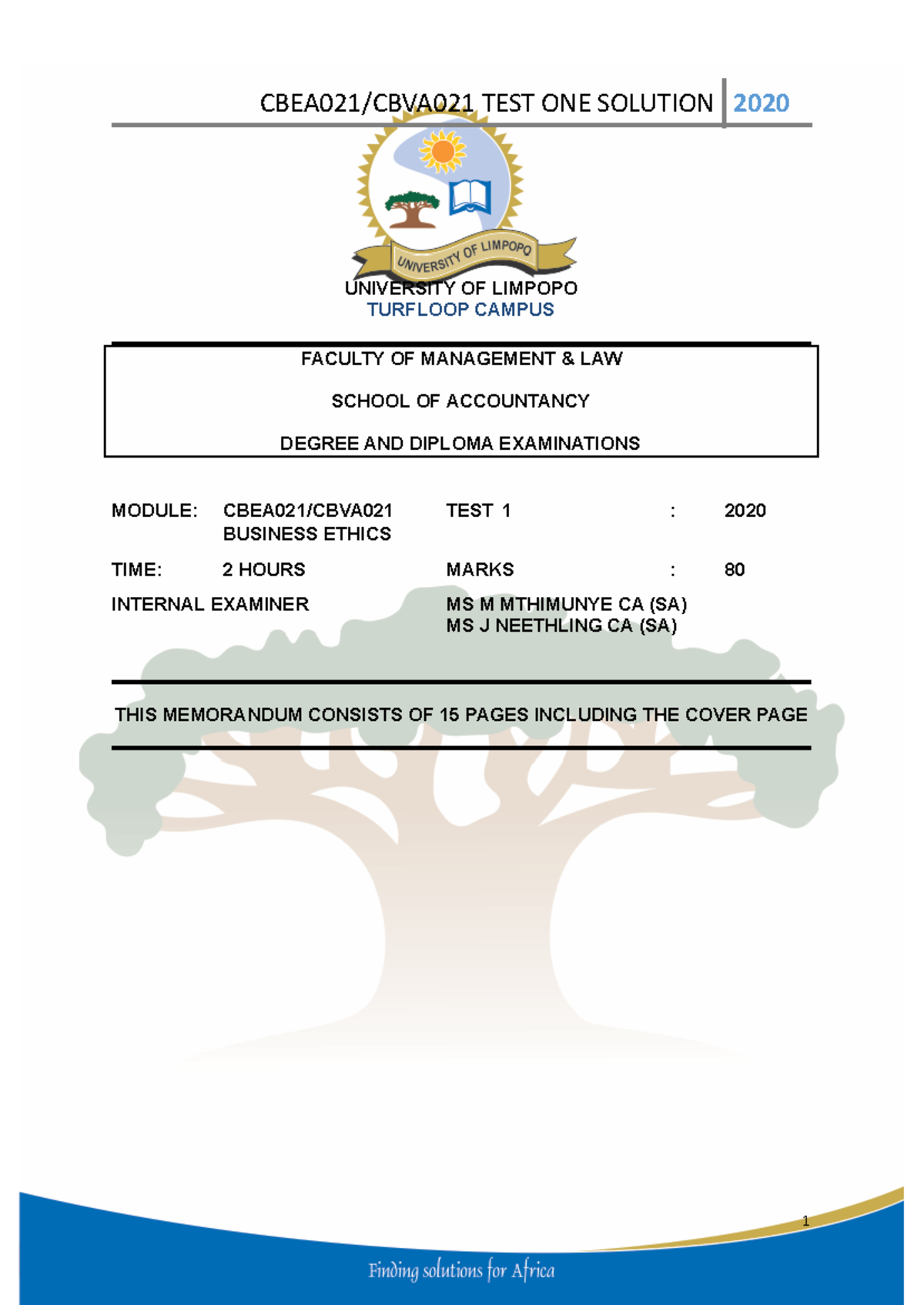 Past paper 2020 Tutorial 1 Solution 240223 - UNIVERSITY OF LIMPOPO ...