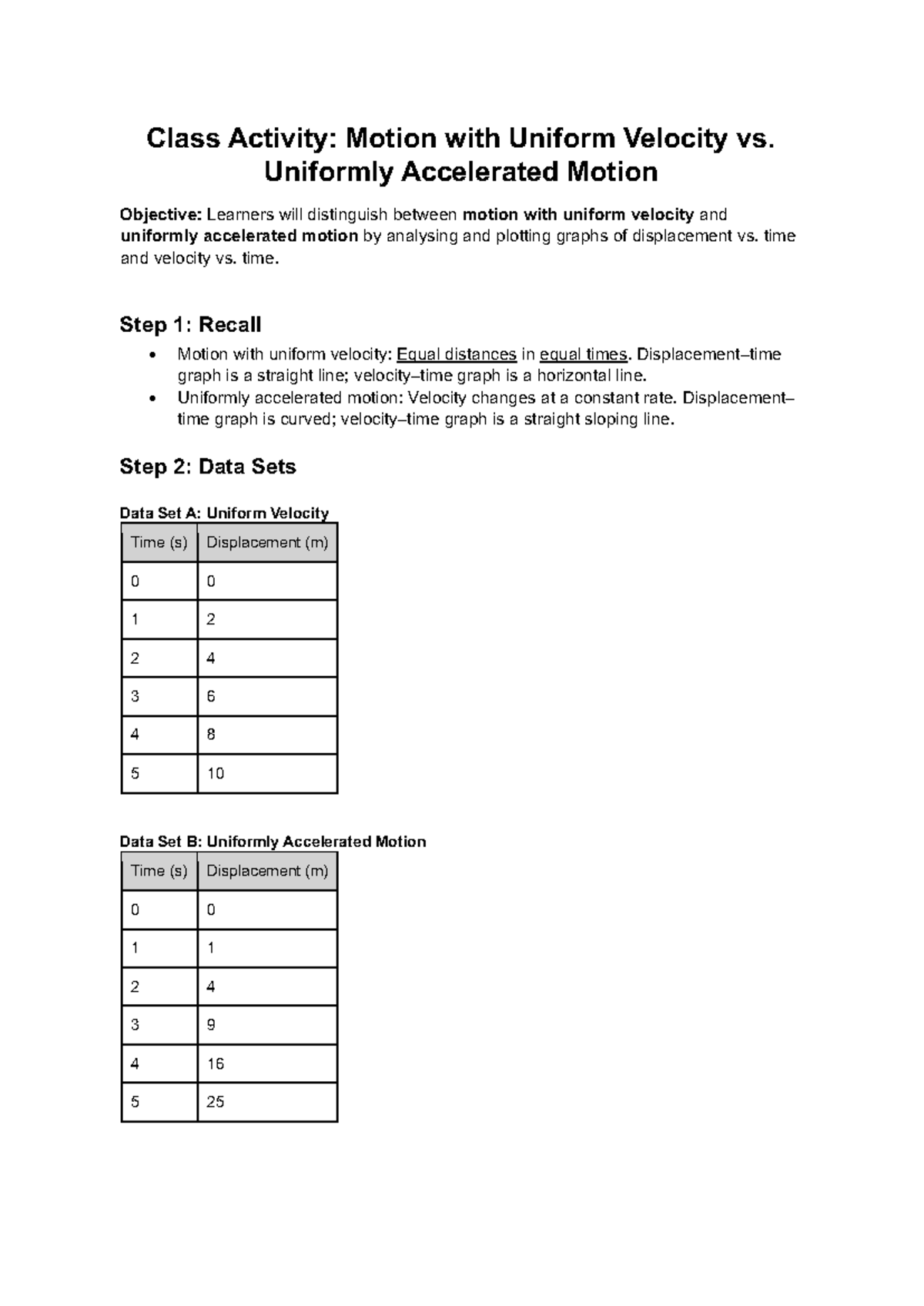 Motion Activity Worksheet GR10: Uniform vs. Accelerated Motion - Studocu