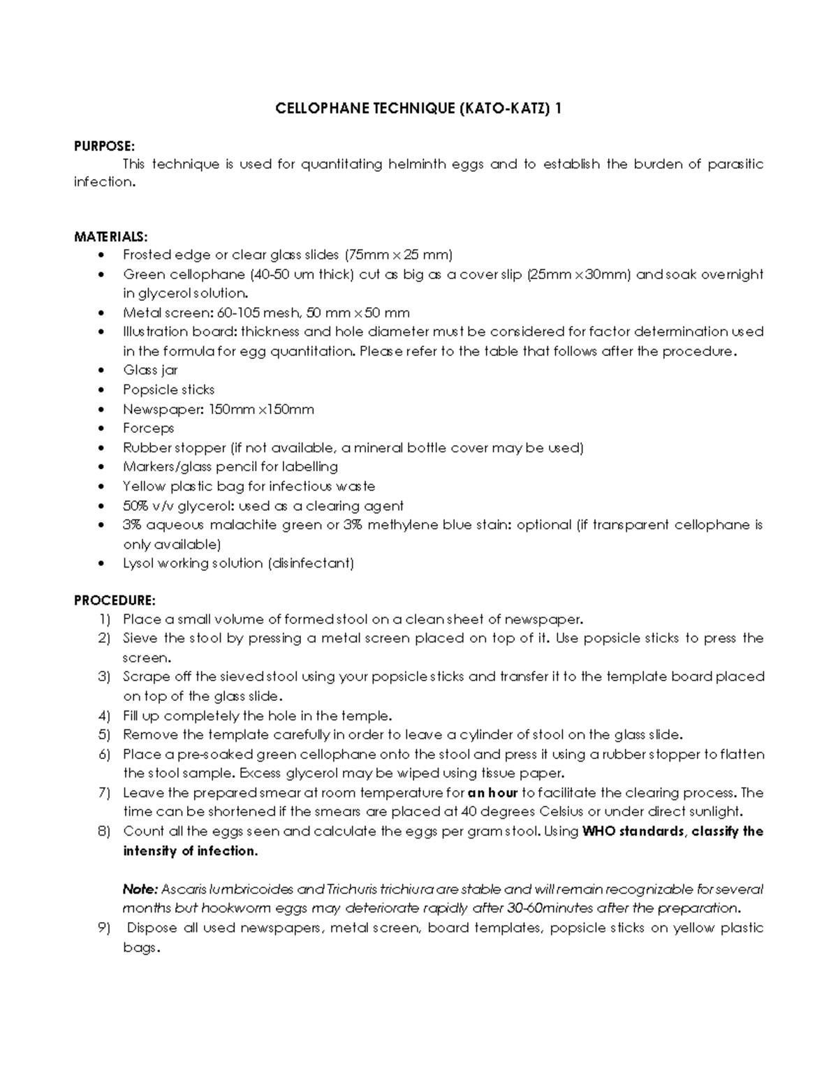 Kato-Katz Technique for Helminth Egg Quantitation - Studocu