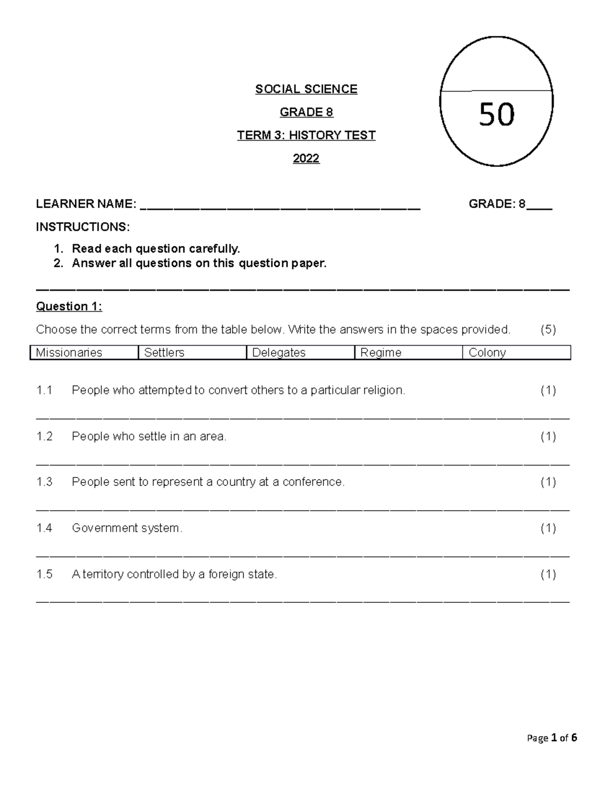 Gr8 T33 Term 3 History Test Resources & Practice Questions - Studocu