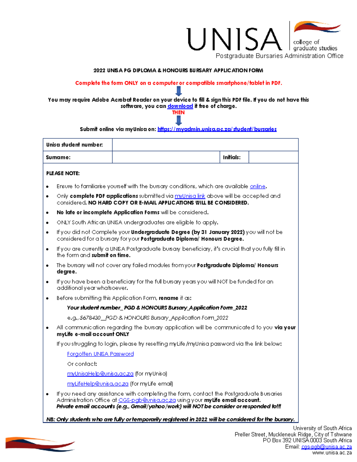PGD & Honours Bursary Application Form 2022 - Postgraduate Bursaries ...