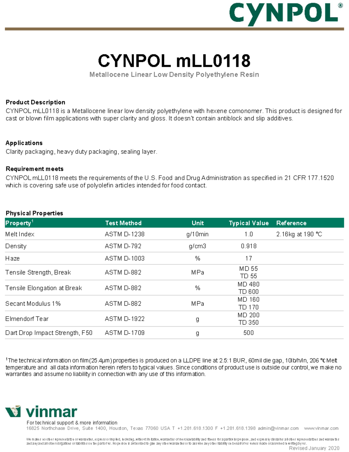CYNPOL mLL0118 TDS: Metallocene LLDPE Resin Overview - Studocu