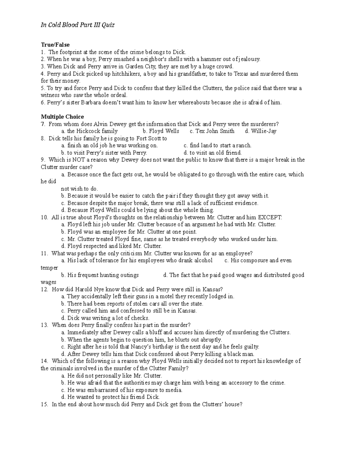 In Cold Blood Part III Quiz Answers and Discussion - Studocu