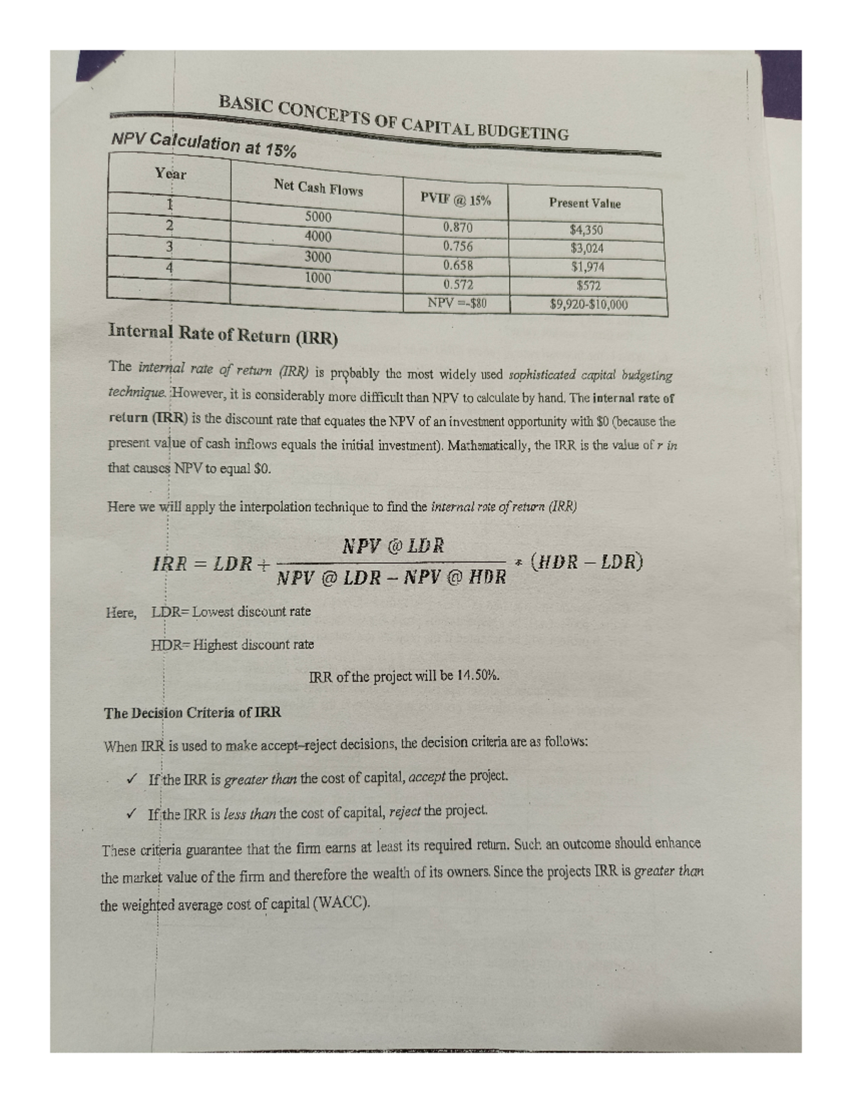 Capital Budgeting: NPV and IRR Concepts for Rationing Project - Studocu