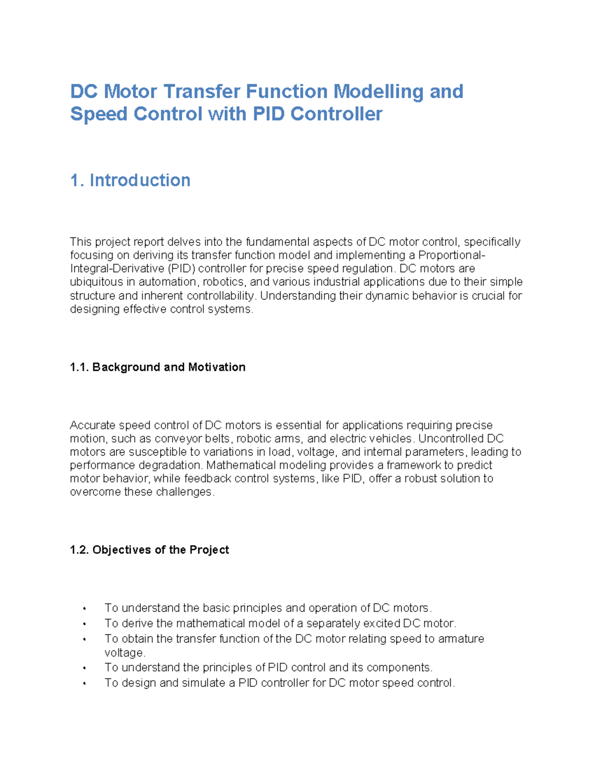 DC Motor PID Speed Control Report: Transfer Function Modeling - Studocu