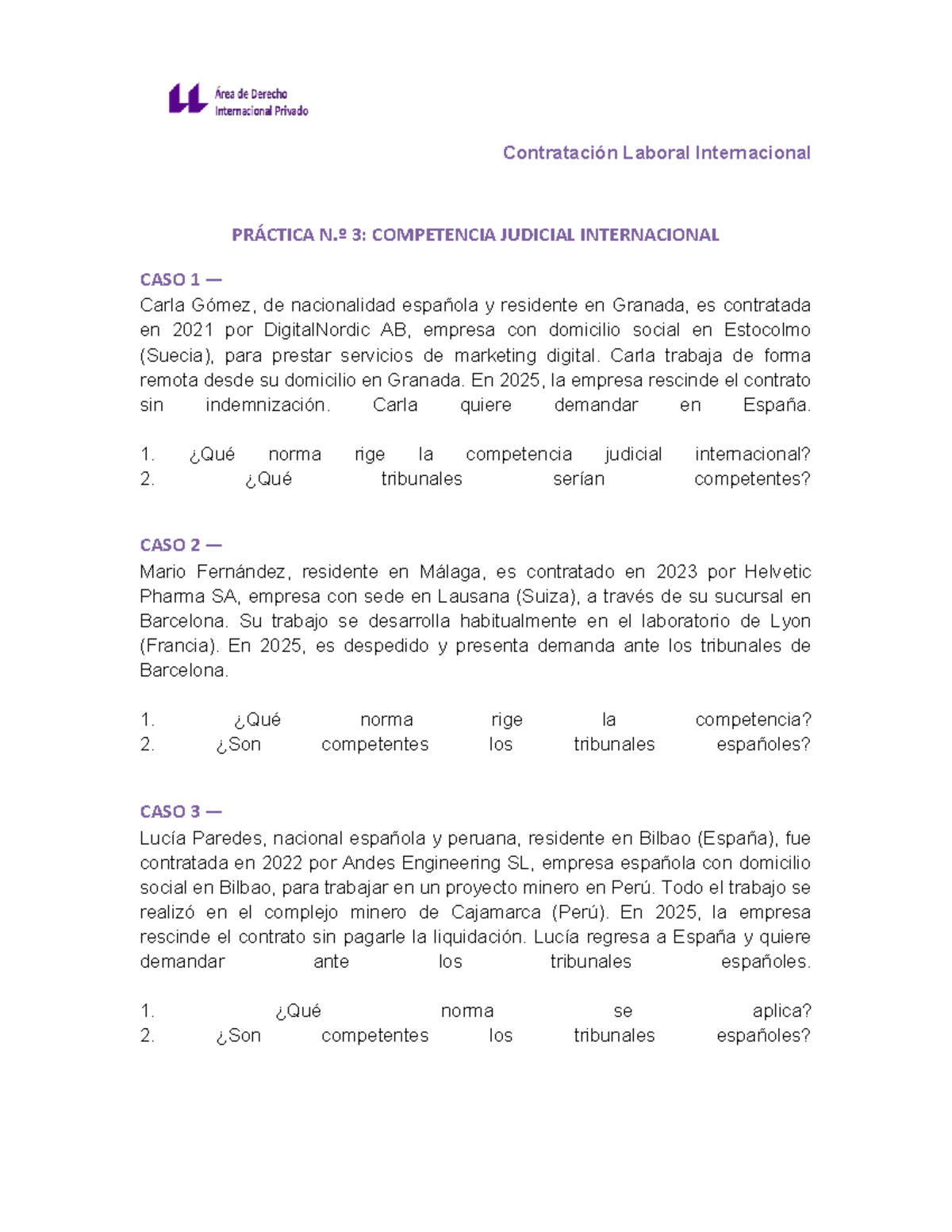 Práctica N.º 3: Competencia Judicial Internacional en Contratación ...