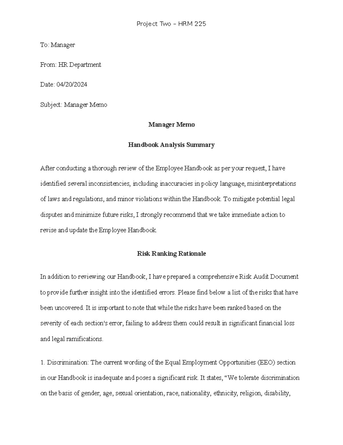 HRM 225 - Project 2: Employee Handbook Risk Analysis Summary - Studocu