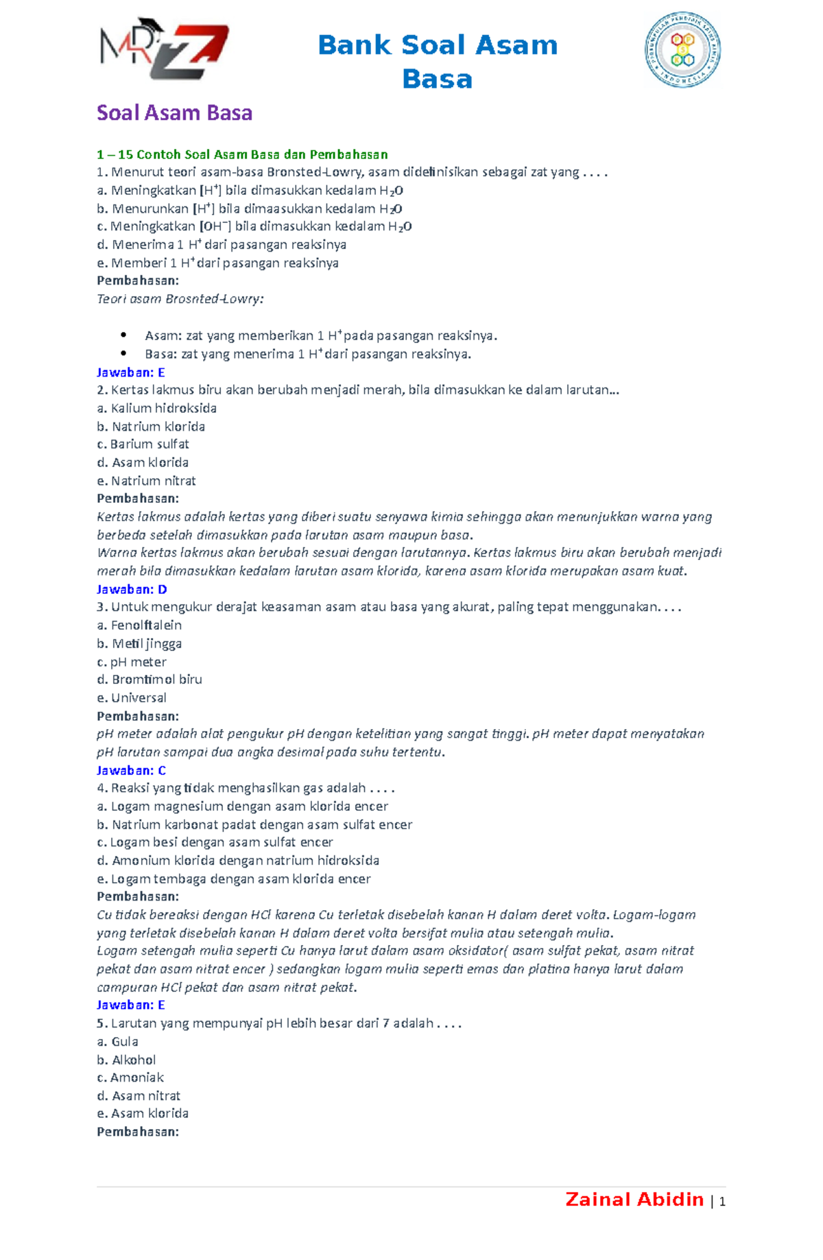 Bank Soal Kelas XI - Asam Basa dengan Pembahasan Lengkap - Studocu