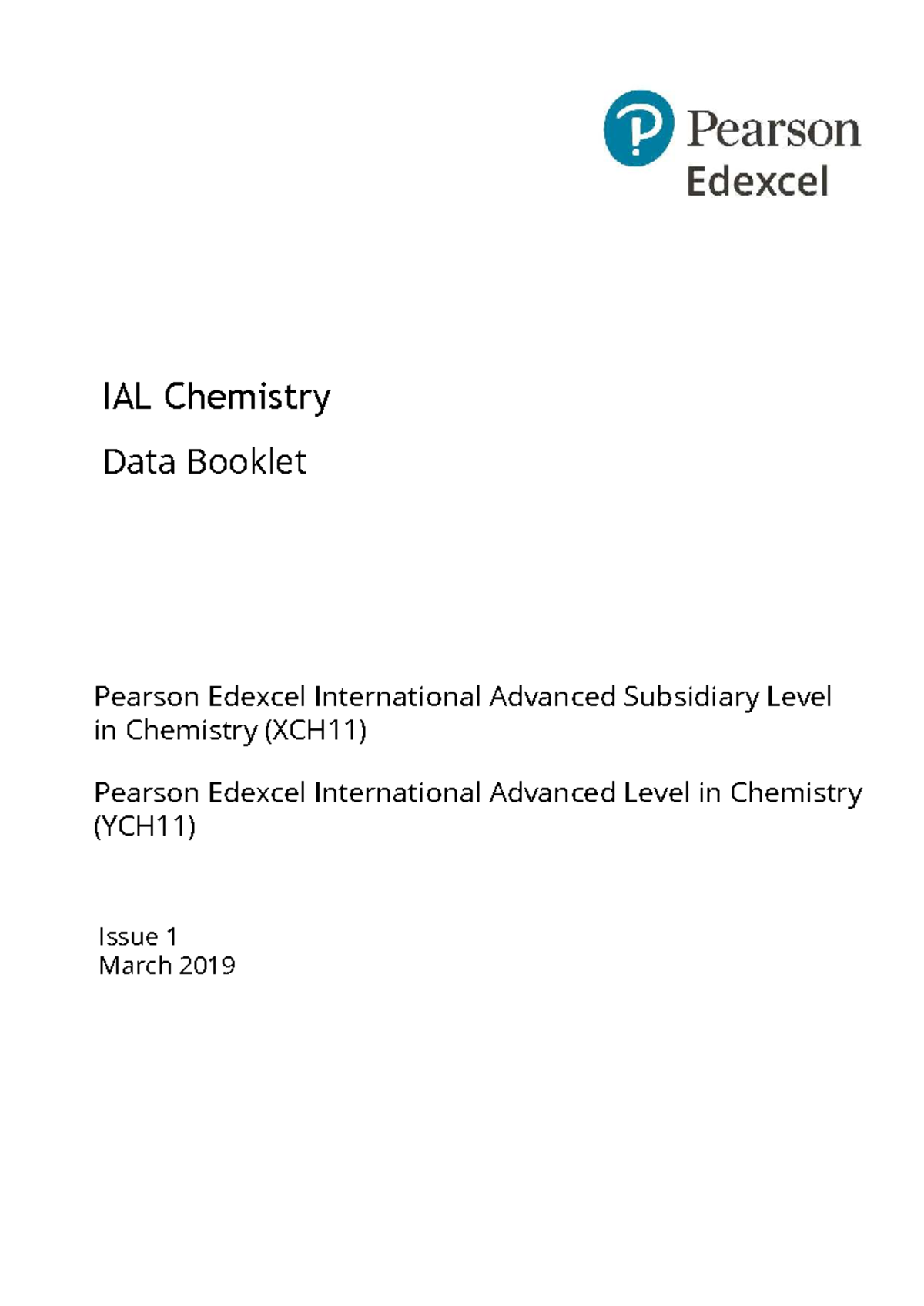 IAL Chemistry Data Booklet (XCH11, YCH11) Issue 1 March 2019 - Studocu