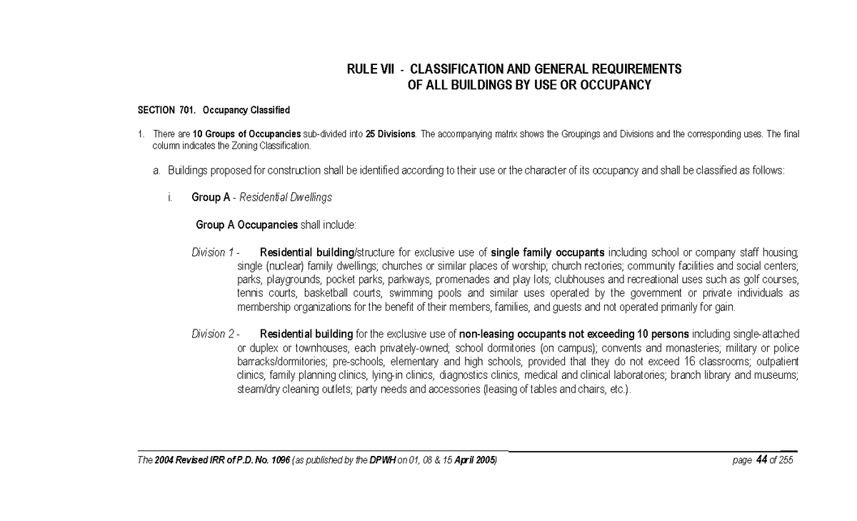 PD 1096 - RULE VII Building Occupancy Annotated FOR Printing - The 2004 ...