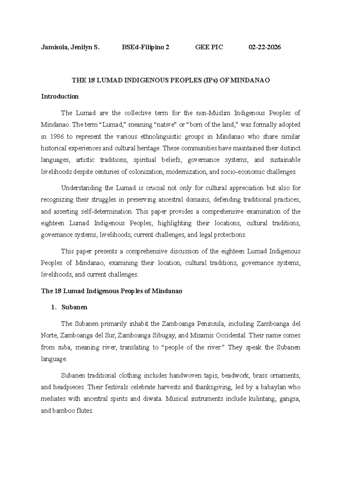 GEE PIC: The 18 Lumad Indigenous Peoples of Mindanao - Studocu