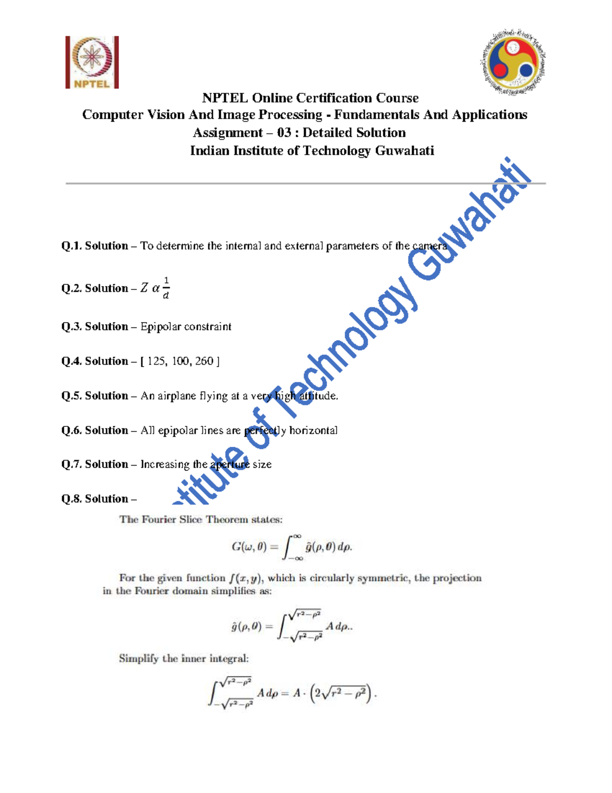 NPTEL Course CV & Image Processing: Assignment 03 Detailed Solutions - Studocu