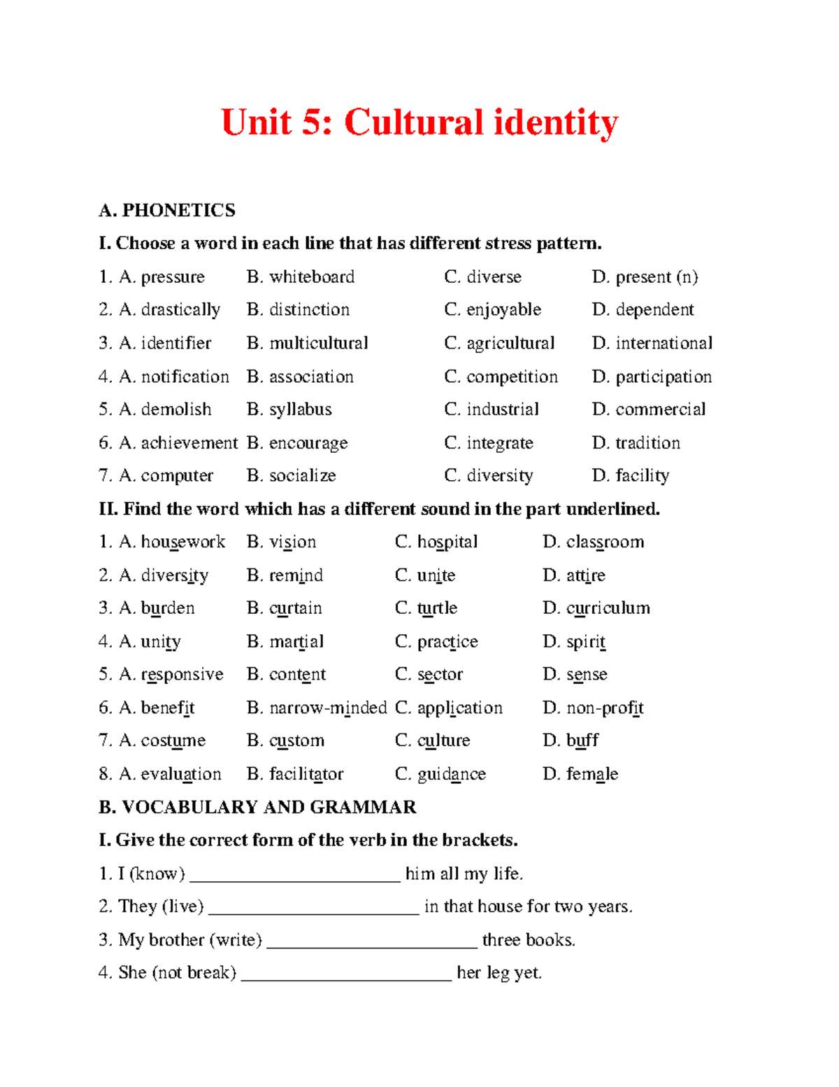 Unit 5: Cultural Identity - English Practice Exercises - Studocu