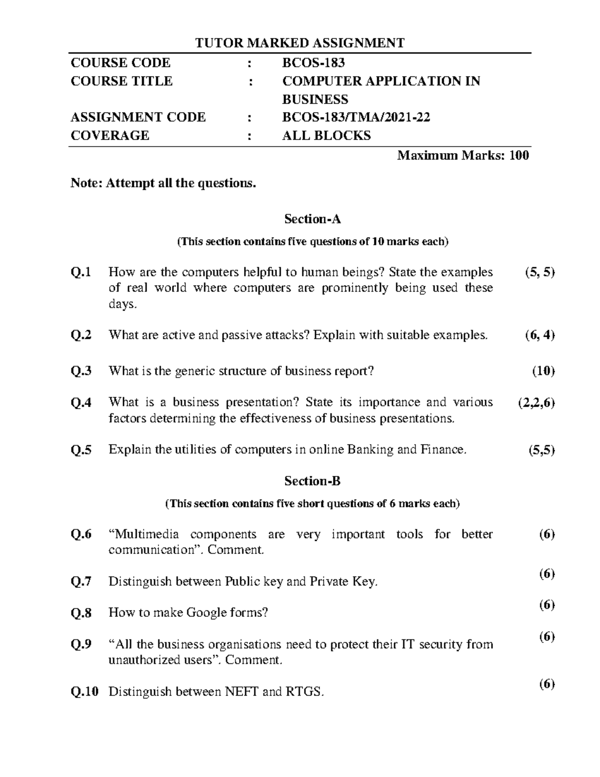 BCOS-183 - Assignment question paper 2021-22 - TUTOR MARKED ASSIGNMENT ...