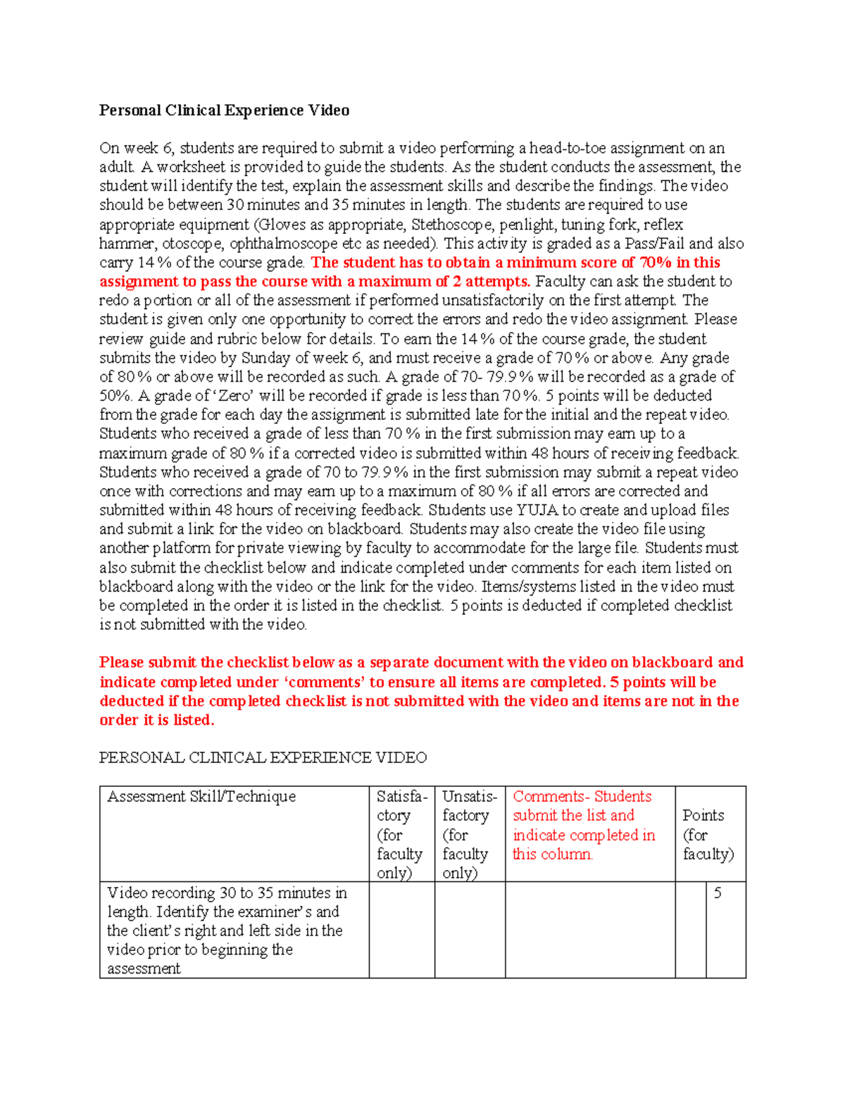 Personal Clinical Experience Video (Week 6) - Assessment Guidelines ...