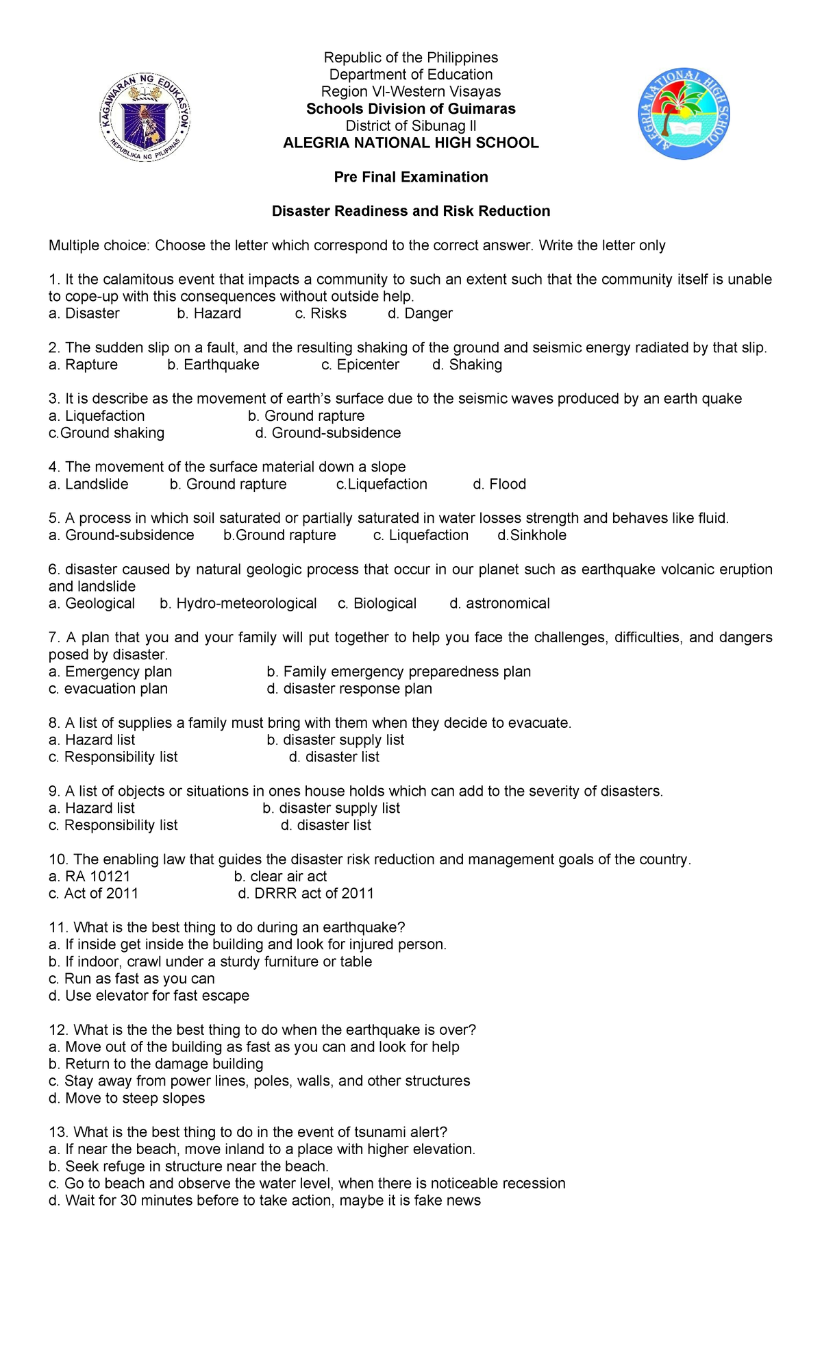 DRRR 426218848 Pre-Final Exam: Disaster Readiness MCQs - Studocu