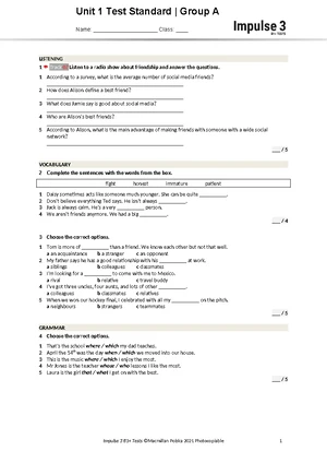 Otwórz (Impulse 3) Unit Tests Answer Key - Vocabulary & Grammar - Studocu