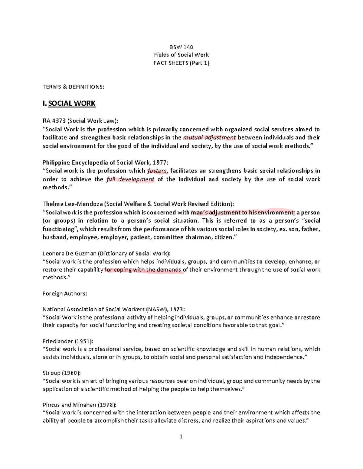 BSW 140 Social Work Fact Sheets: Key Terms & Definitions (Part 1) - Studocu