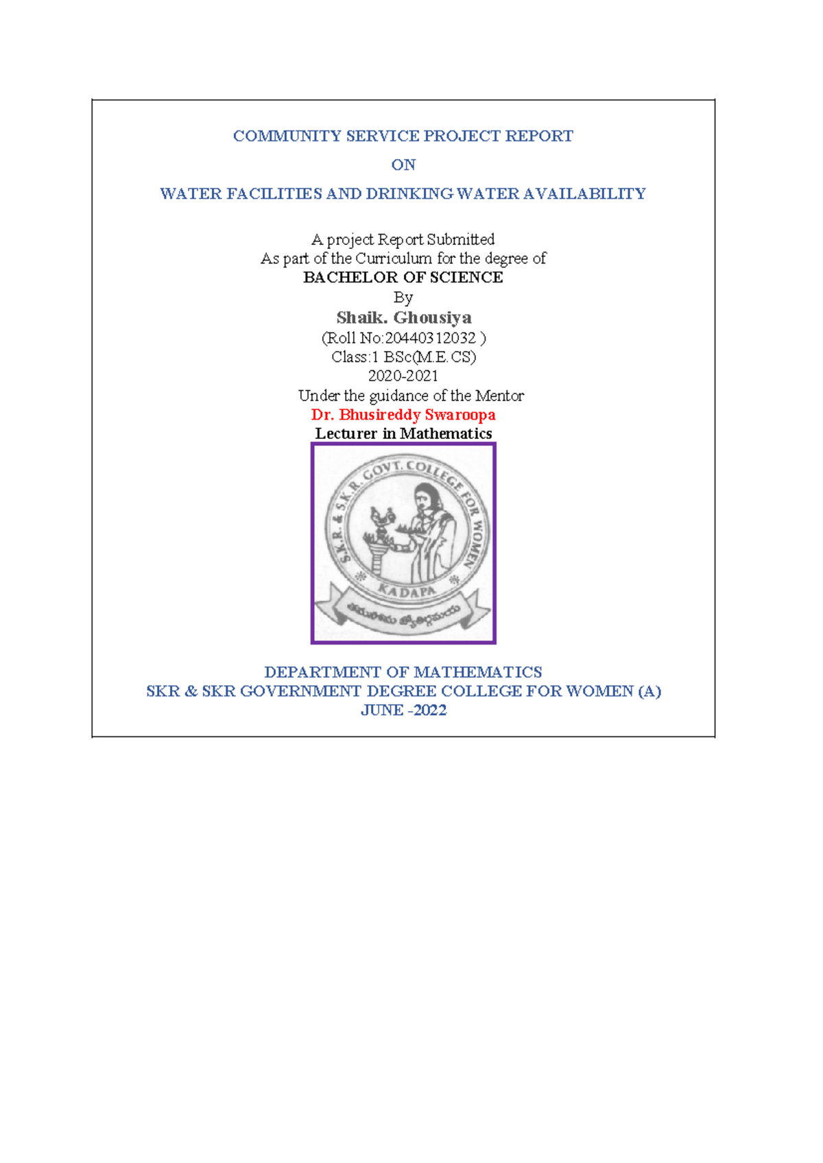 Community Service Project Report: Water Facilities & Drinking Water ...