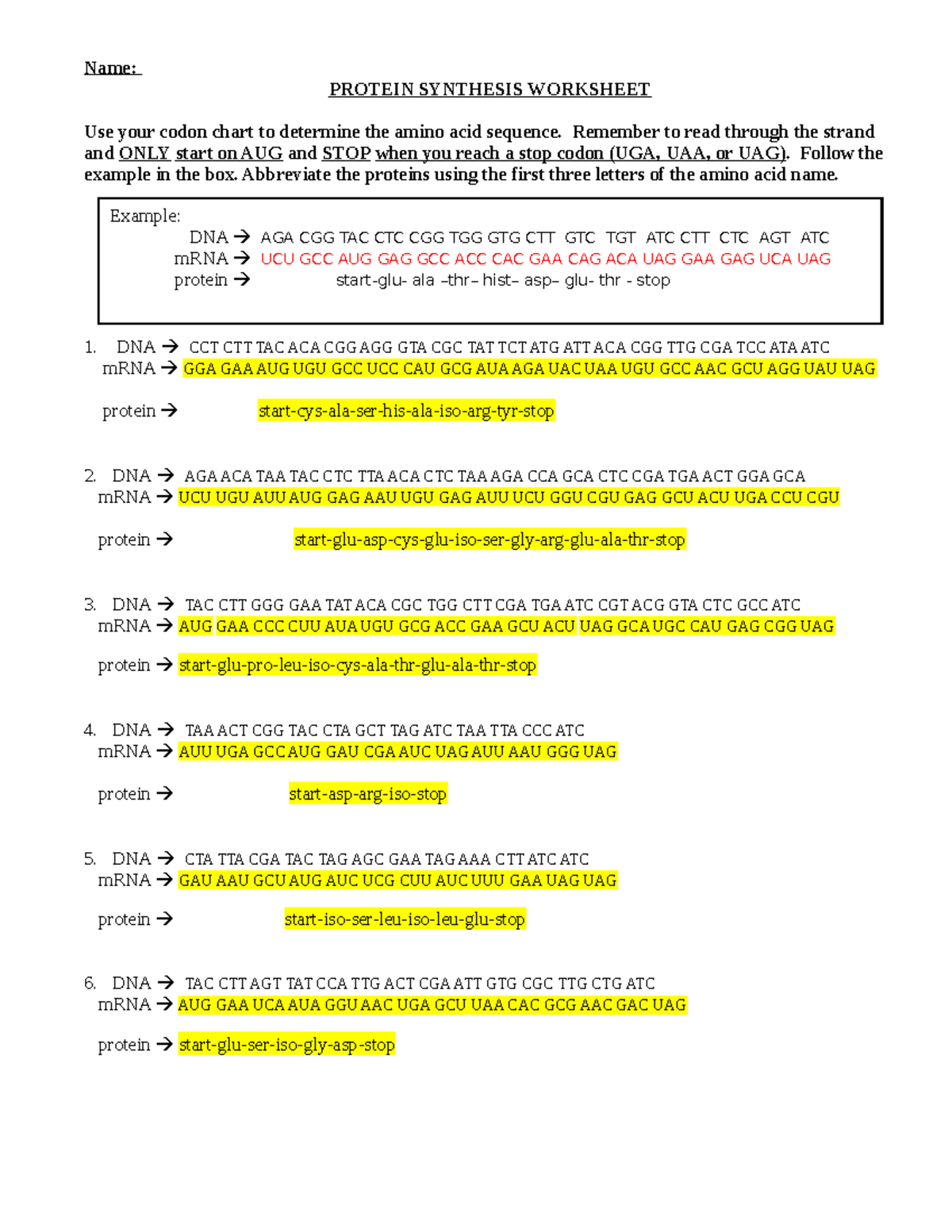 Protein Synthesis Worksheet - Dna Study Guide - Studocu