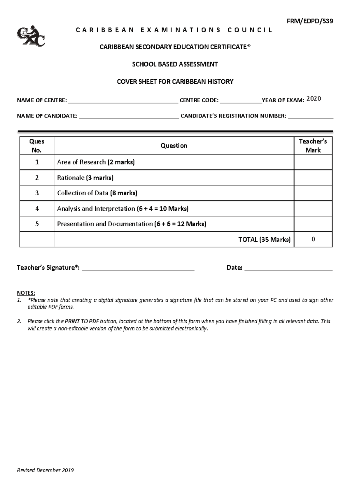CSEC Caribbean History Cover Sheet for SBAs - Revised Dec 2019 - Studocu