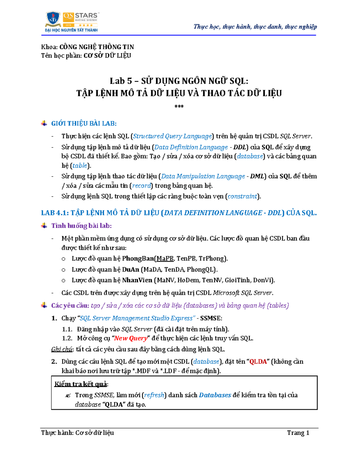 Lab 5 - Sử Dụng Ngôn Ngữ SQL: DDL và DML Cơ Bản (CT: Cơ Sở Dữ Liệu ...