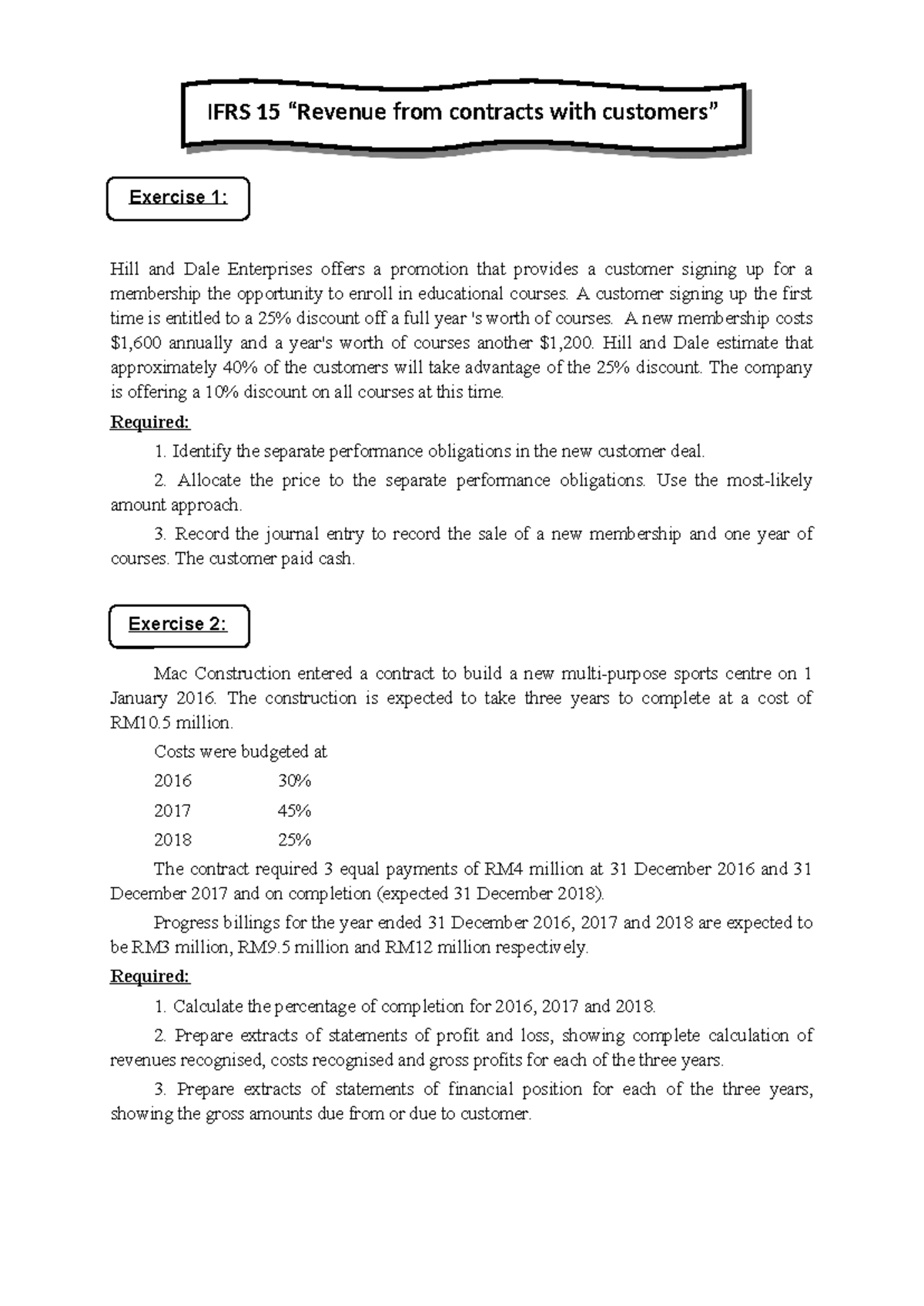 IFRS 15 Revenue Recognition Exercises: Analysis & Journal Entries - Studocu