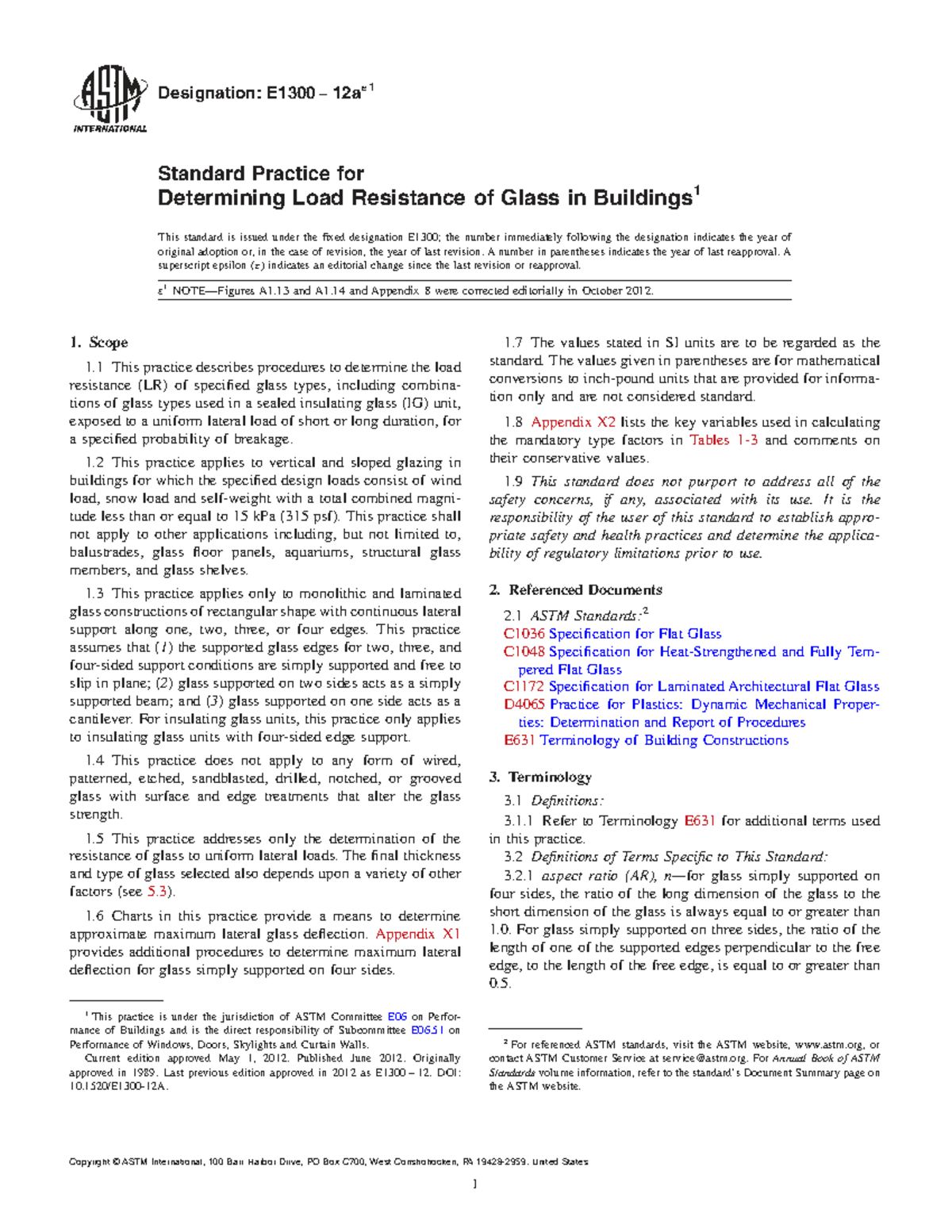 ASTM E1300-12ae1: Load Resistance of Glass in Buildings Standard - Studocu