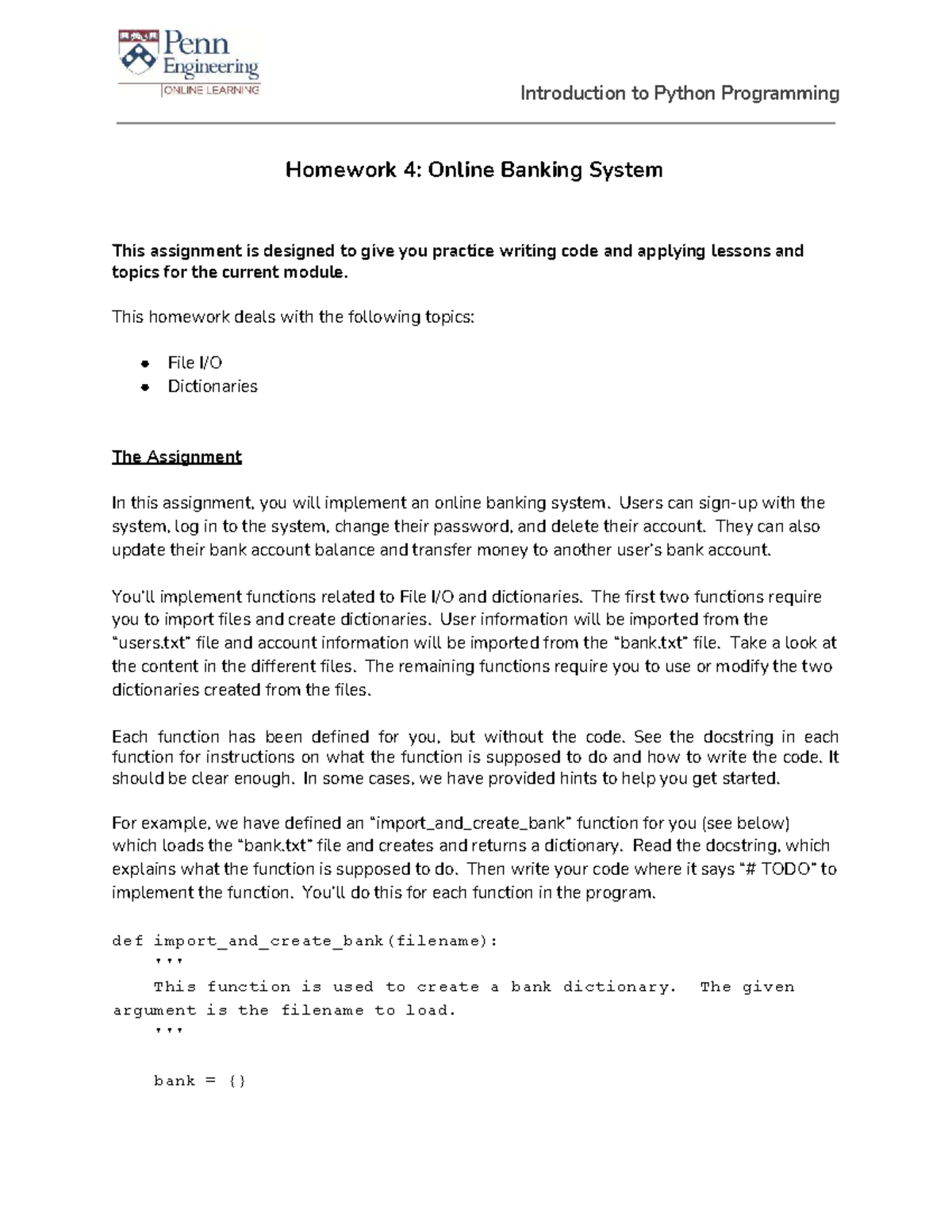Python Programming HW4: Online Banking System Implementation - Studocu