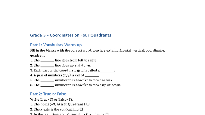 Grade 5 Coordinates on Four Quadrants: Vocabulary & Exercises - Studocu