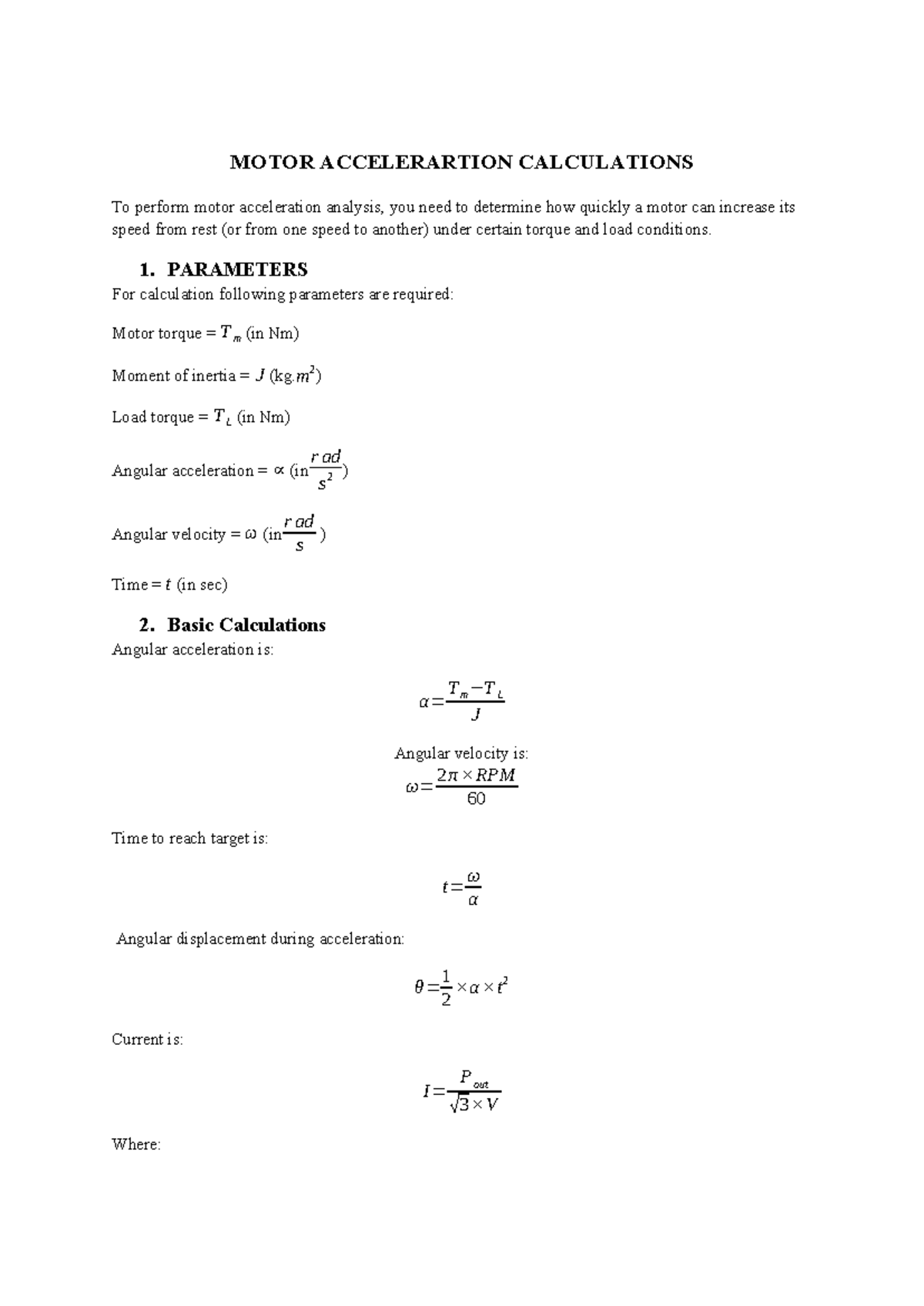 MOTOR ACCELERATION CALCULATIONS: Analysis & Formulas - Studocu