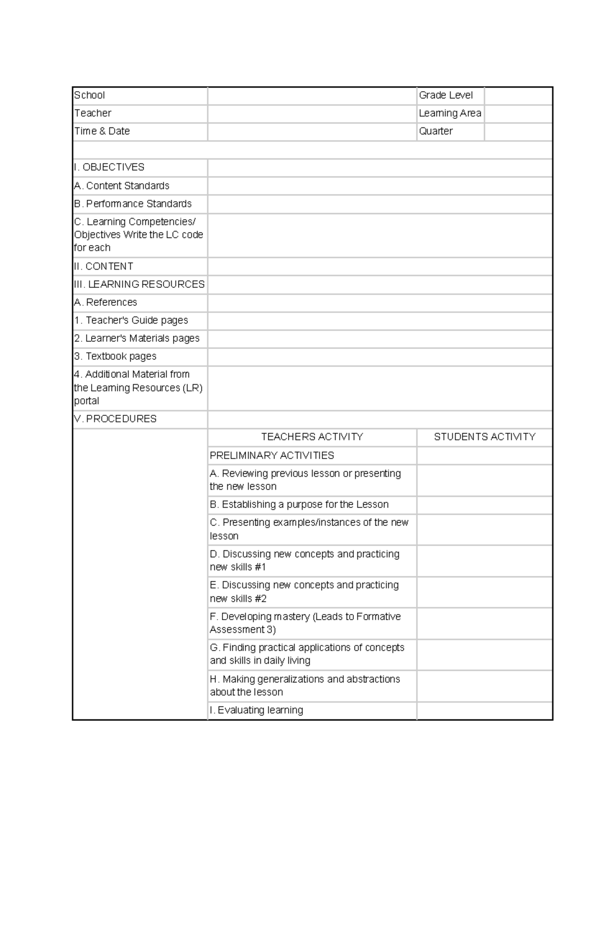 DLP 7ES Format - Sample School Lesson Plan Template - Studocu