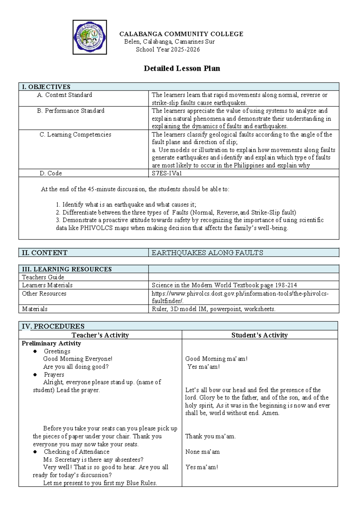 G7L1 Final - Detailed Lesson Plan on Earthquakes Along Faults - Studocu
