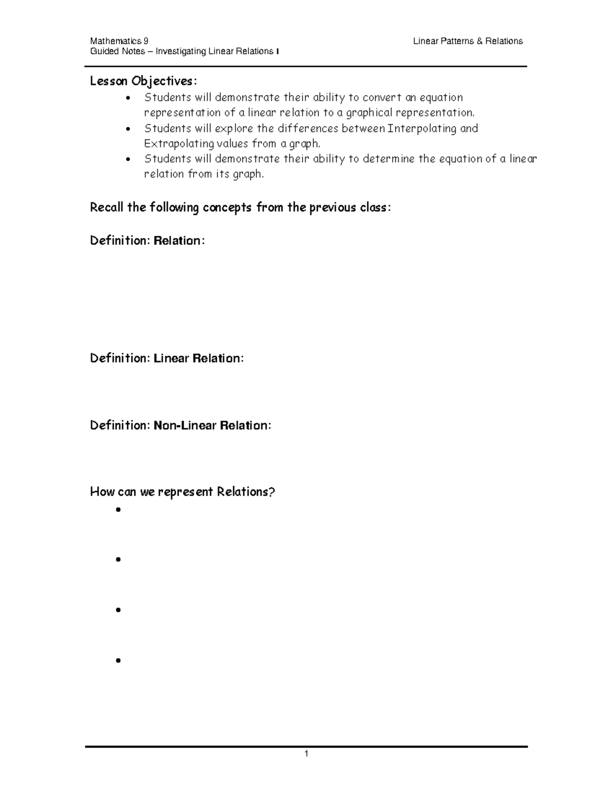 Mathematics 9 Guided Notes: Investigating Linear Relations I - Studocu