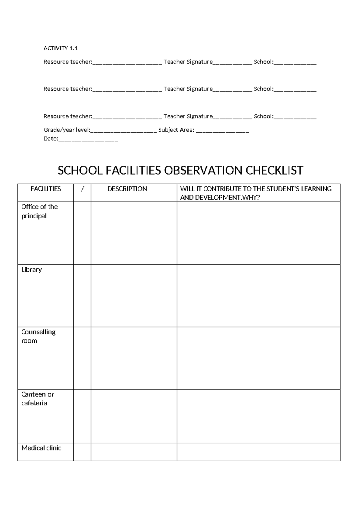 ACTIVITY 1.1: School Facilities Observation Checklist - FS1 Episode 1 ...
