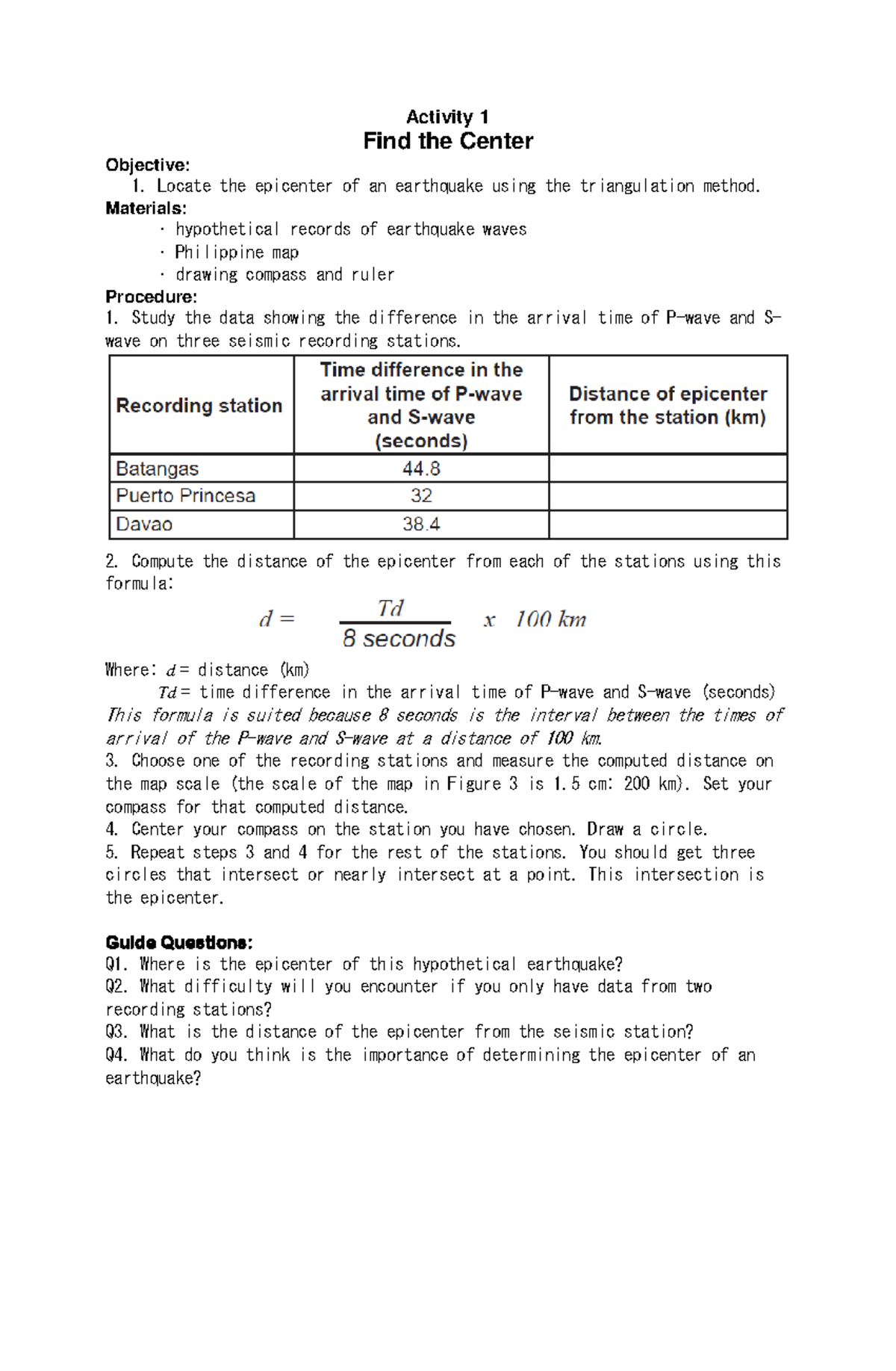 Activity 1: Finding the Epicenter of an Earthquake - Studocu