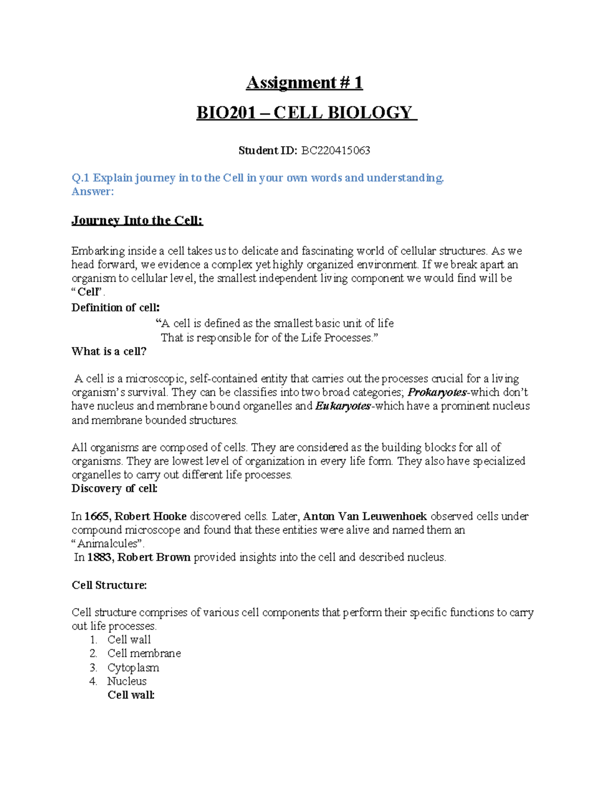 Assignment cell biology - Assignment # 1 BIO201 – CELL BIOLOGY Student ...
