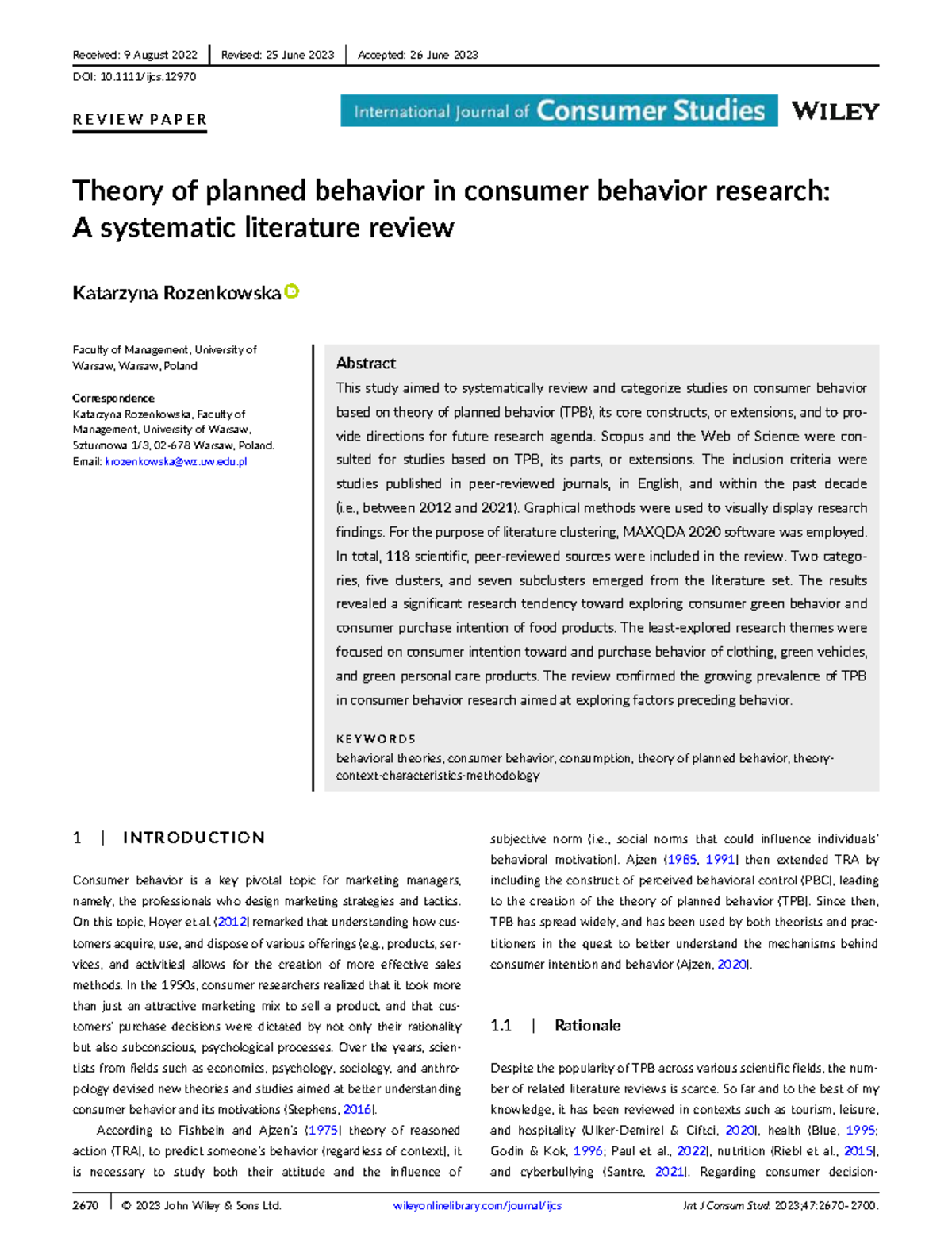 Theory of Planned Behavior in Consumer Research: A Systematic Review ...