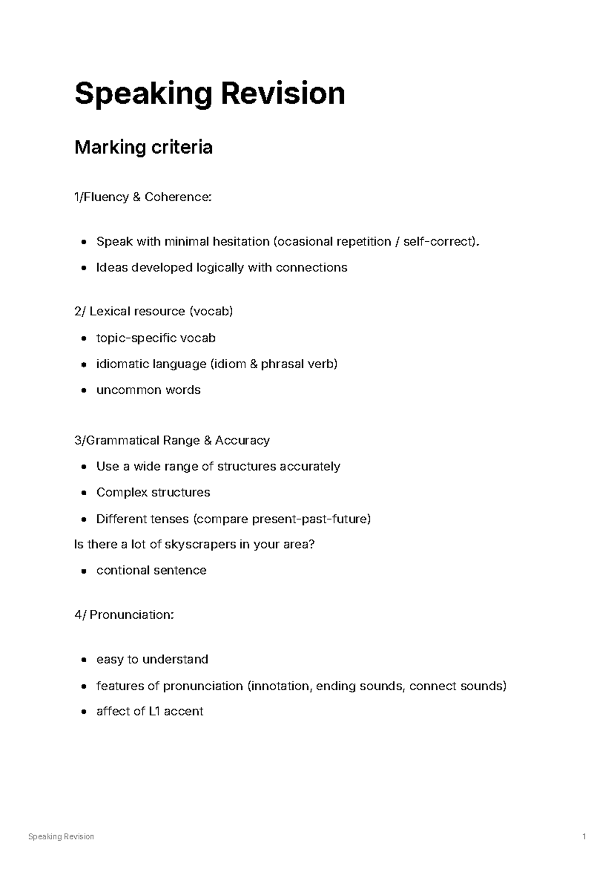 Speaking - file - Speaking Revision 1 Speaking Revision Marking ...