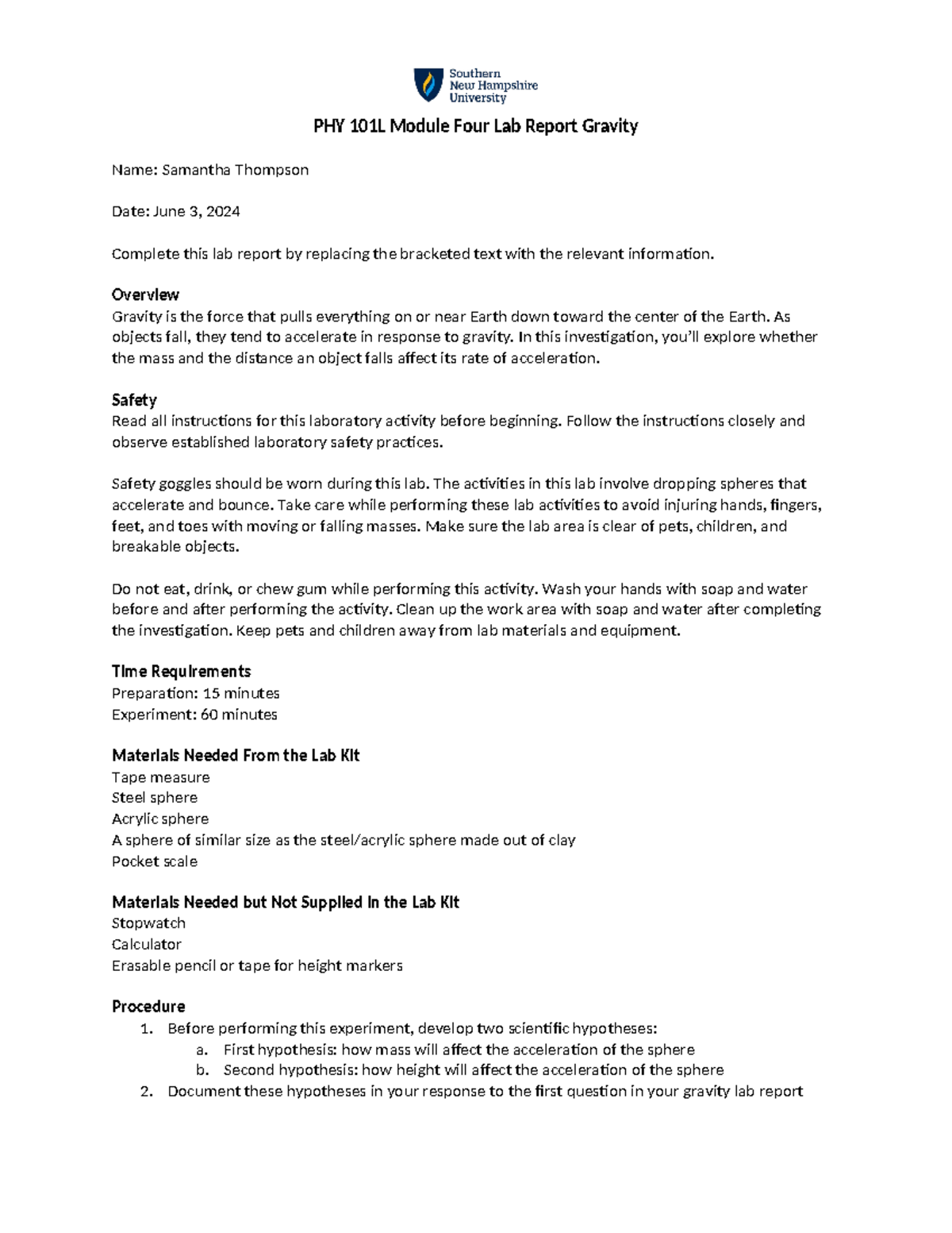 PHY 101L Final Lab Report: Investigating Gravity's Effects on ...