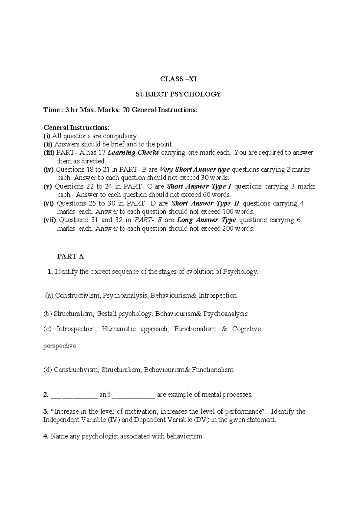 11th Class Psychology Question Paper - 3 Hr Exam (Max 70 Marks) - Studocu